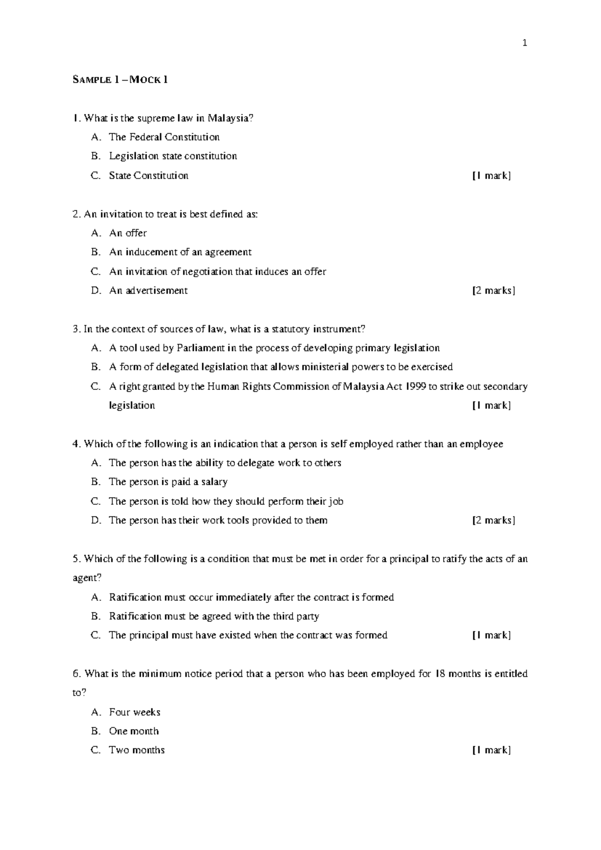 Law MYS practise question 1 - SAMPLE 1 – MOCK 1 What is the supreme law ...