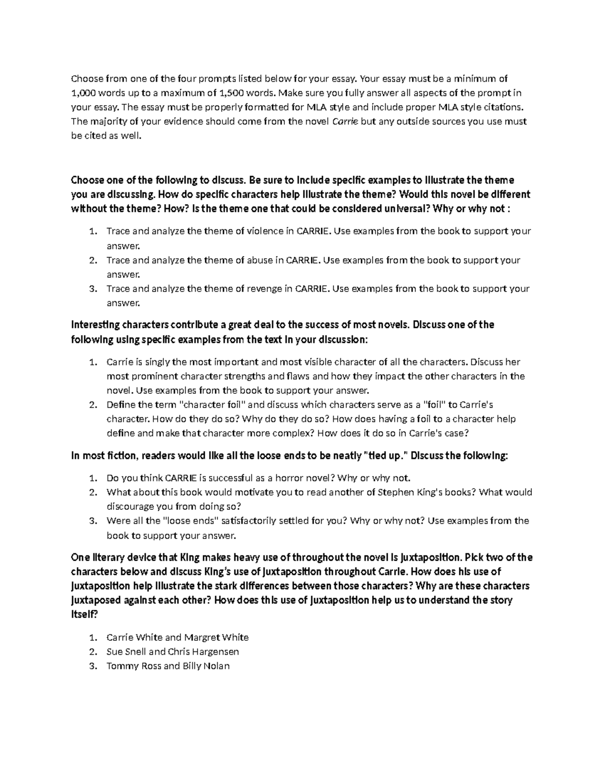 Carrie Essay Prompts - AAAAAAAAAAAA - Choose from one of the four ...