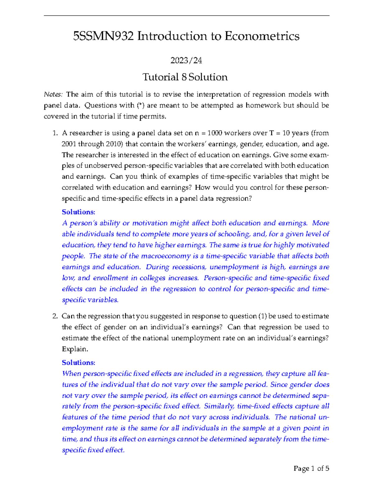 5ssmn932 tutorial 8 solution - 5SSMN932 Introduction to Econometrics 2023/ Tutorial 8 Solution ...