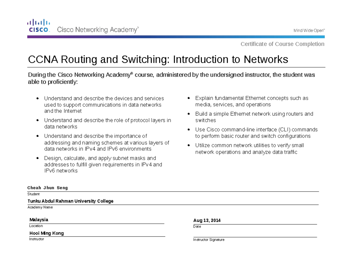 Sample of certificate- Cheah Jhun Seng - During the Cisco Networking ...