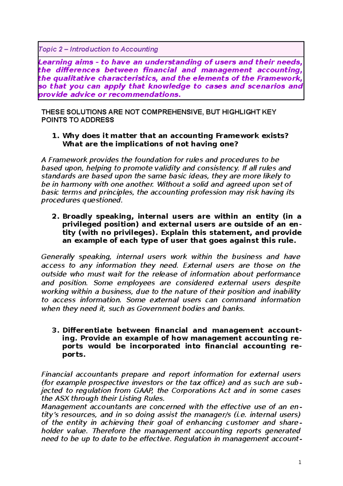 Workbook Topic 2 Solution - Topic 2 – Introduction to Accounting ...