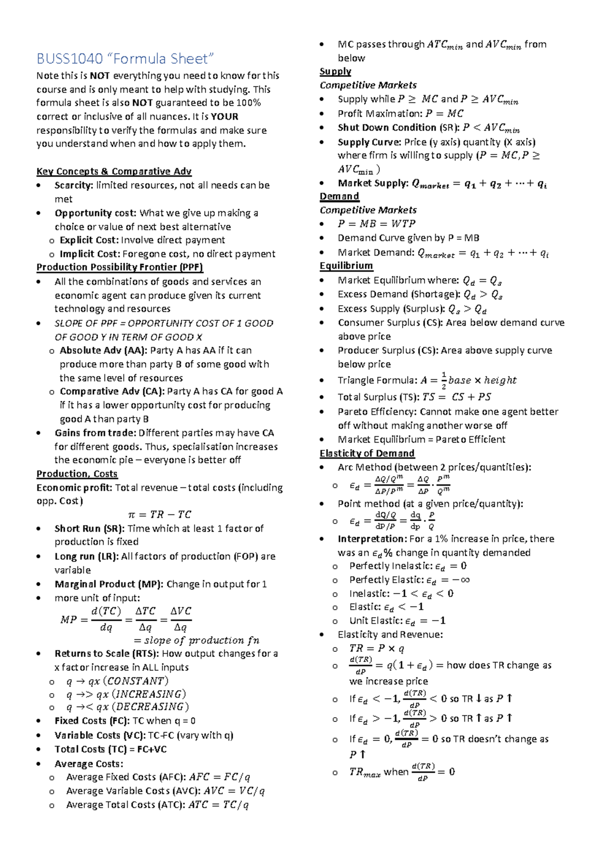 BUSS1040-Formula-Sheet - BUSS1040