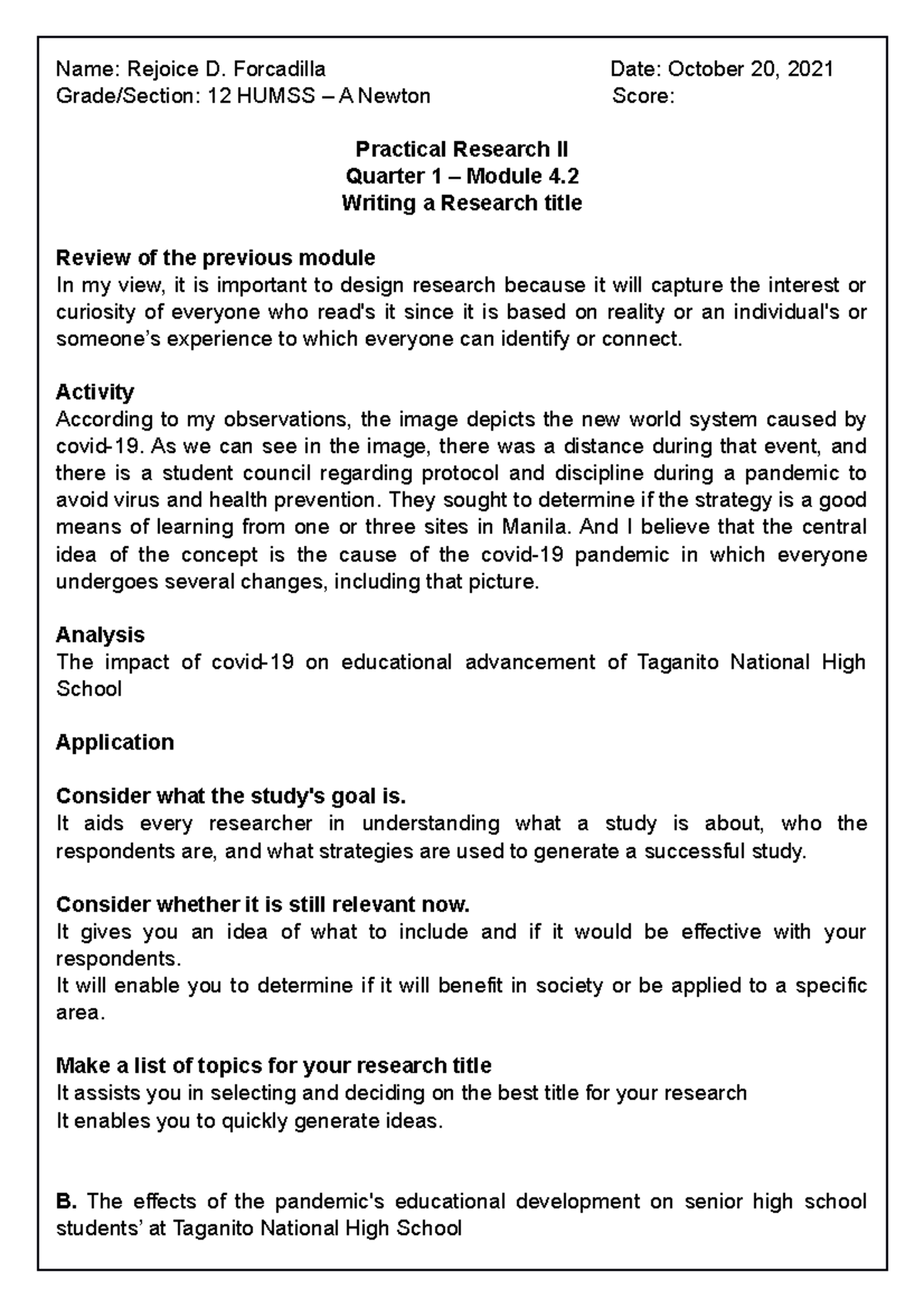 12 - PR2 Q1-M4 - Name: Rejoice D. Forcadilla Date: October 20, 2021 ...