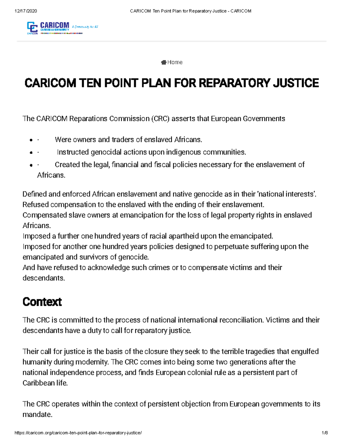 Caricom Ten-Point Plan for Reparatory Justice - Home The CARICOM Reparations Commission (CRC ...