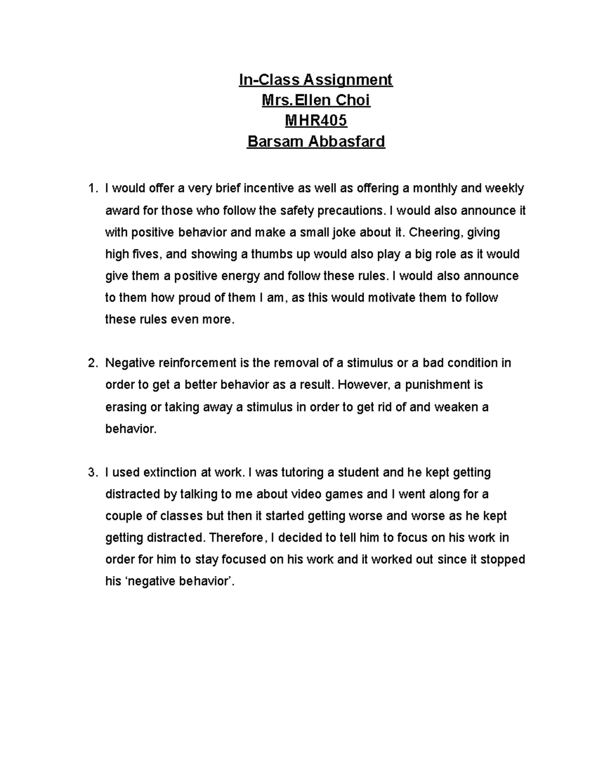 MHR405 in class assignment - In-Class Assignment Mrs Choi MHR Barsam ...