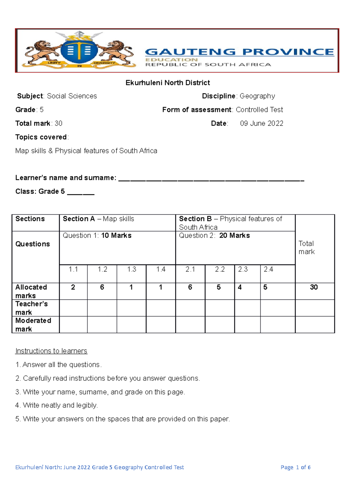 Grade 5 Geography Question Paper - Ekurhuleni North District Subject ...