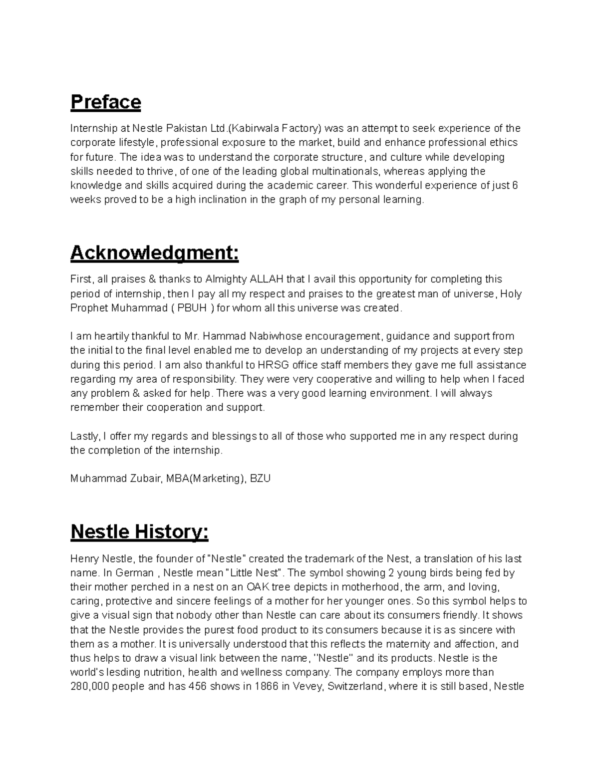 Analysis of the Story of Nestle Internship Report - Preface Internship ...