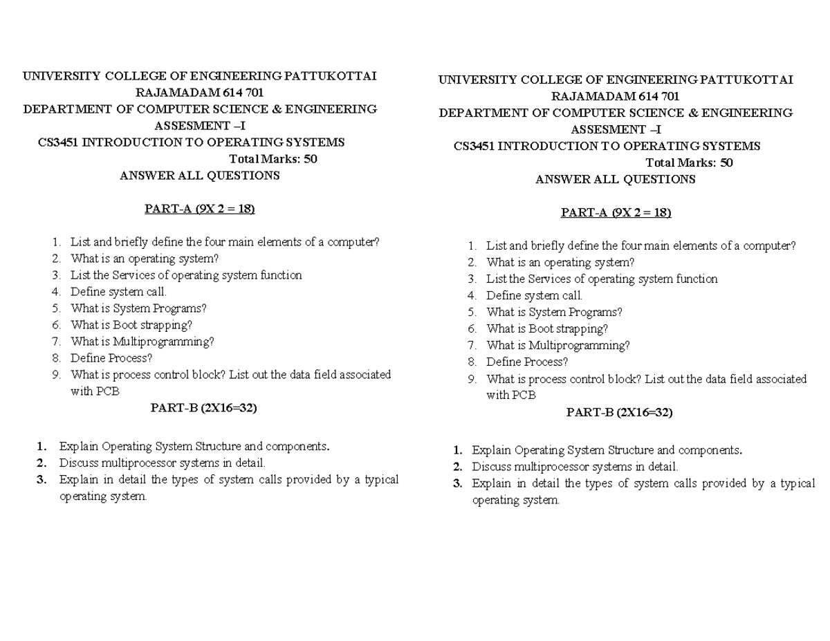 CS3451 os - Operating system - UNIVERSITY COLLEGE OF ENGINEERING ...
