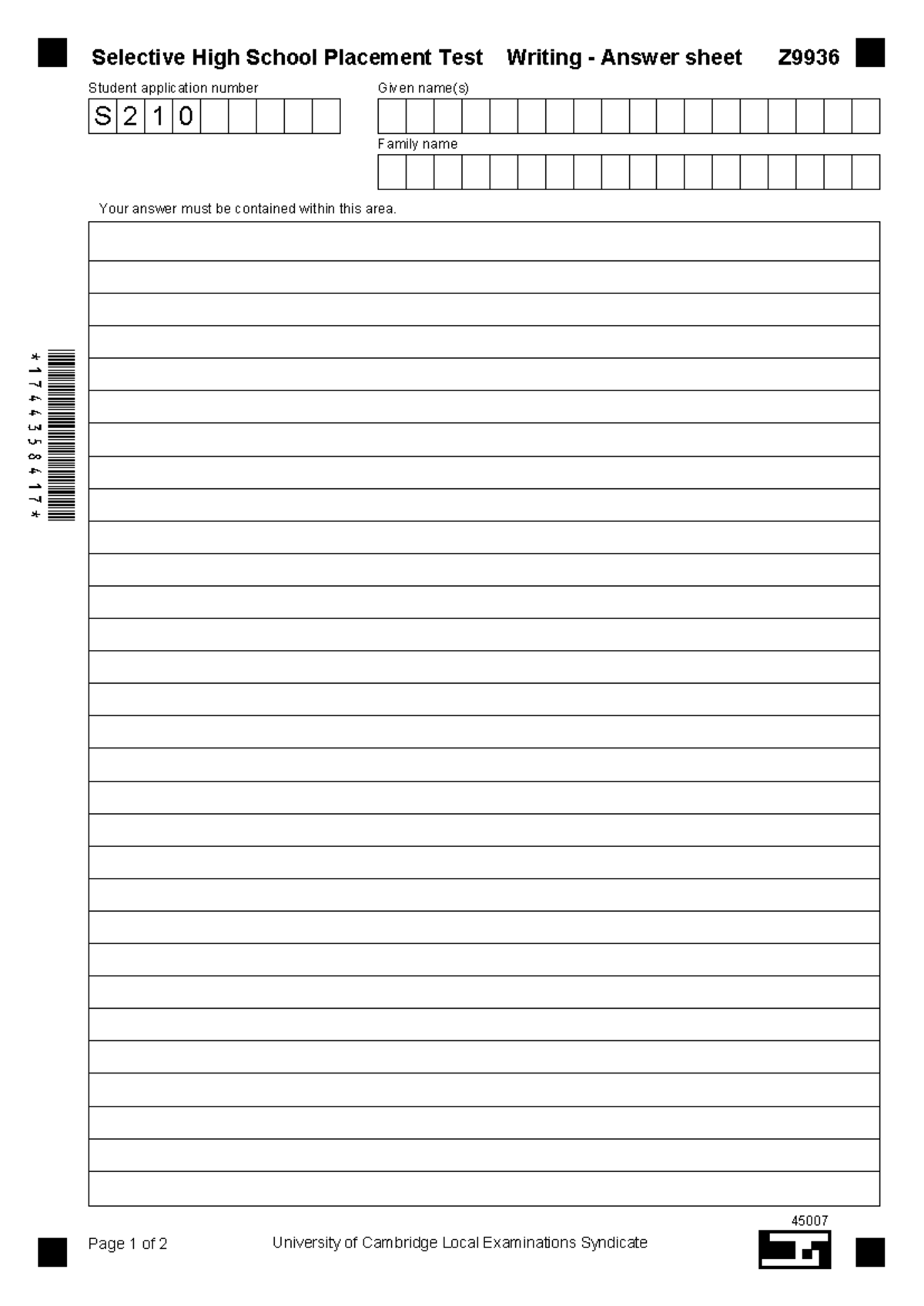 Practice test 2021 Writing answer sheet - 100862 - Page 1 of 2 ...