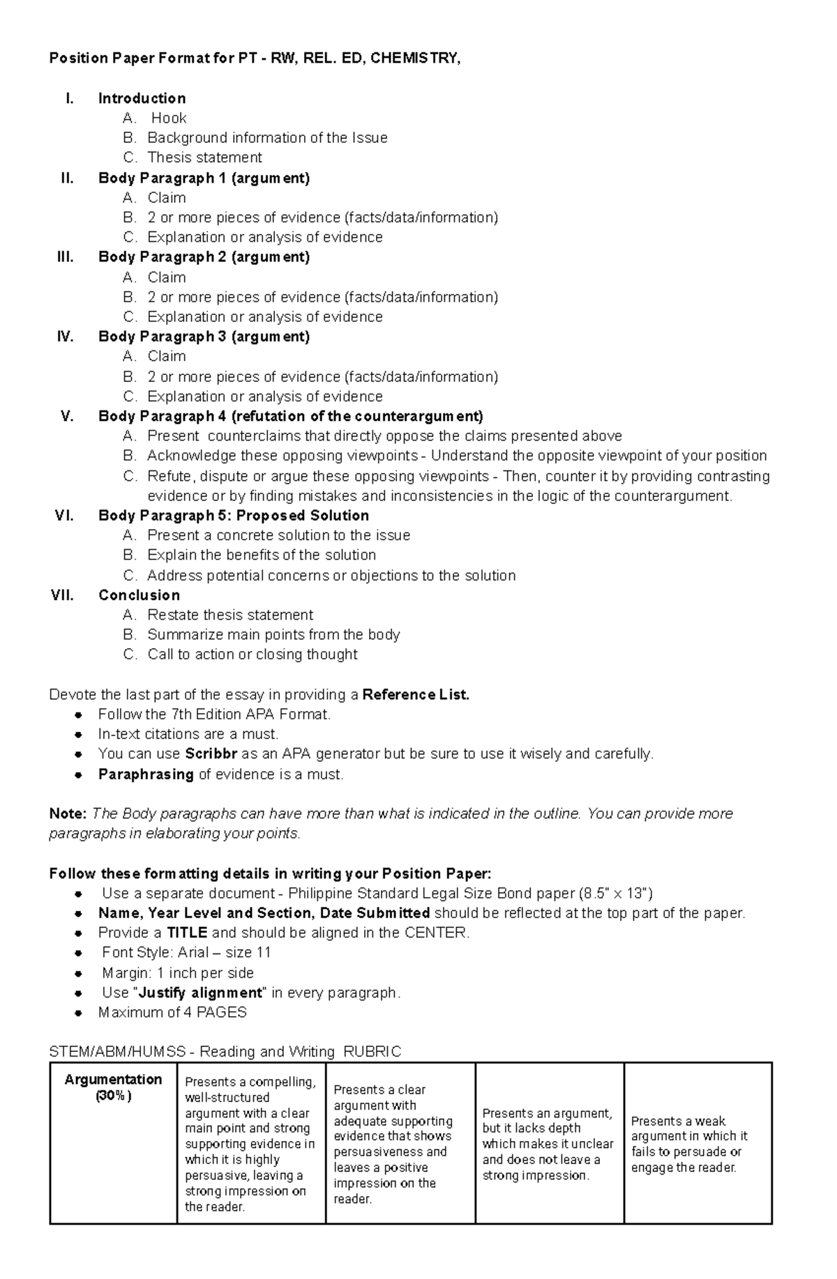 Position-Paper-PT - Rubric - Position Paper Format for PT - RW, REL. ED ...