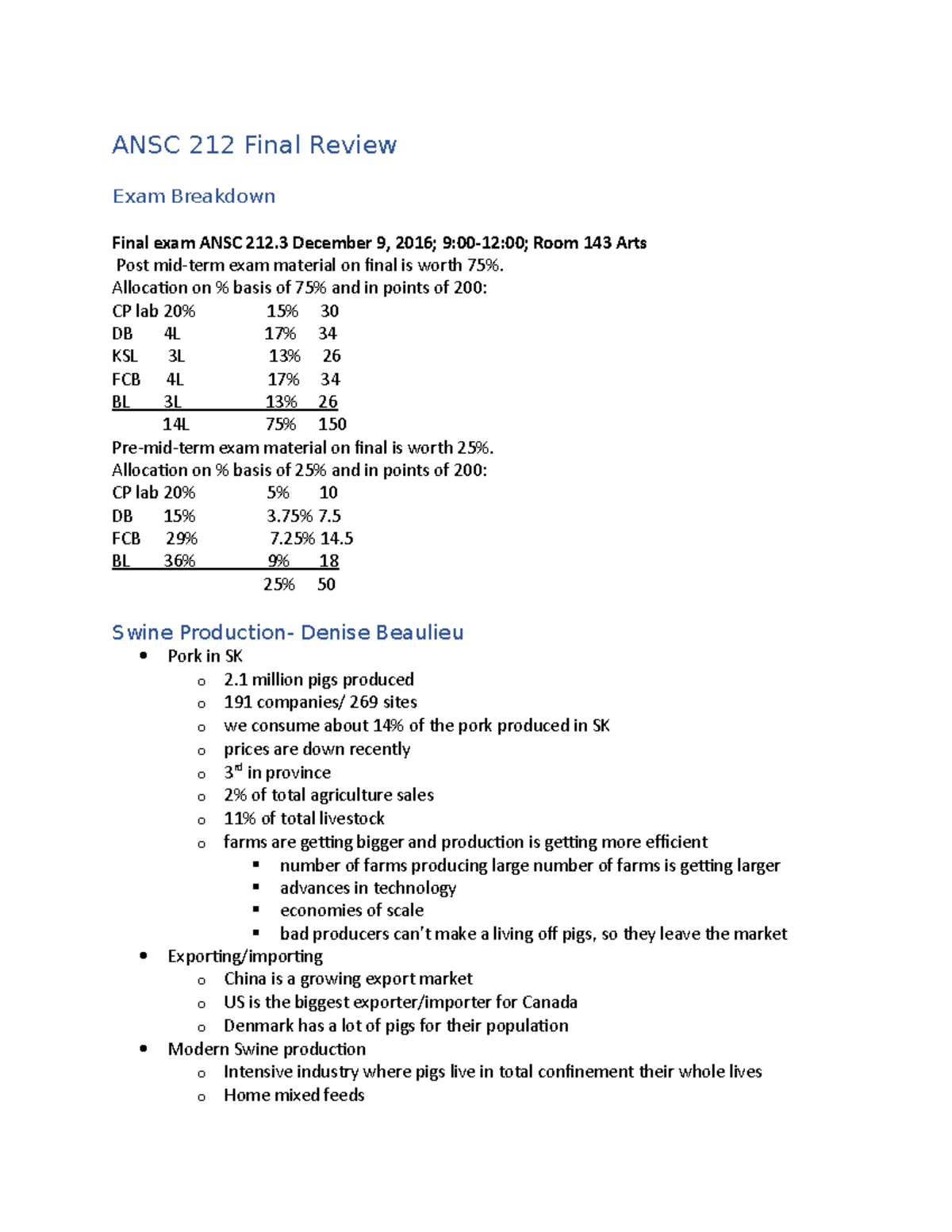 ANSC 212 Final Review - ANSC 212 Final Review Exam Breakdown Final exam ...