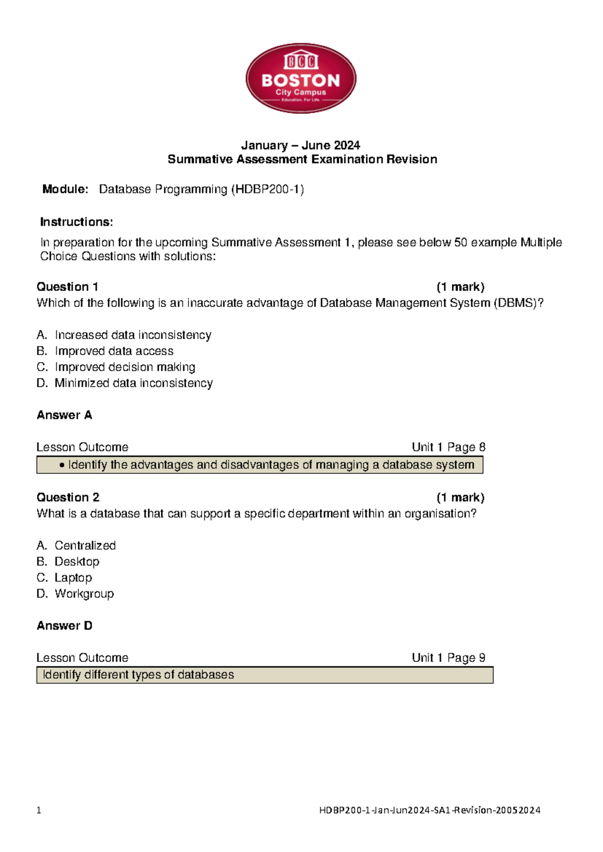 HDBP200 1 Jan Jun2024 SA1 Revision 2005 2024 - Module: Database Programming (HDBP200-1) Question ...