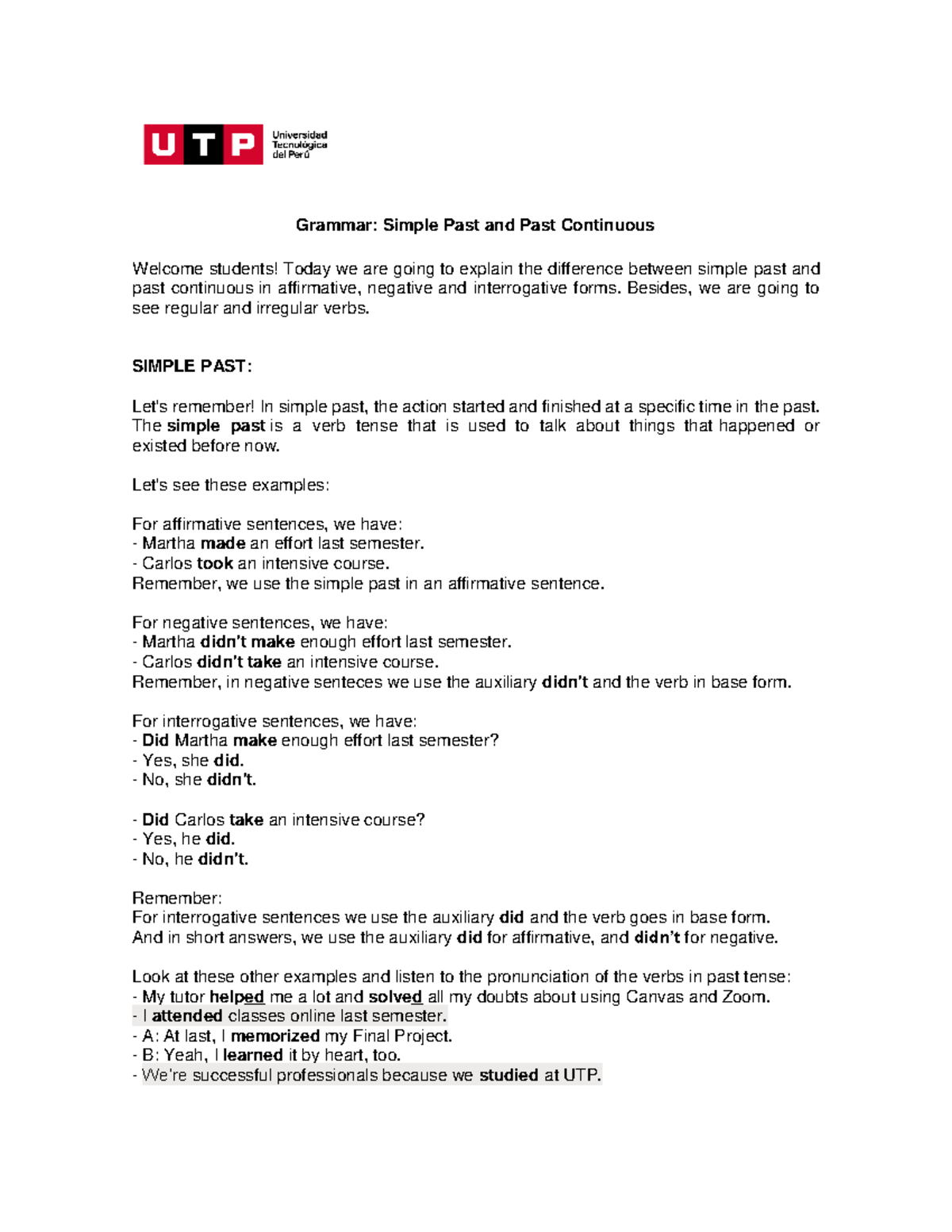 PDF - Grammar Simple Past and Past Continuous - Grammar: Simple Past ...