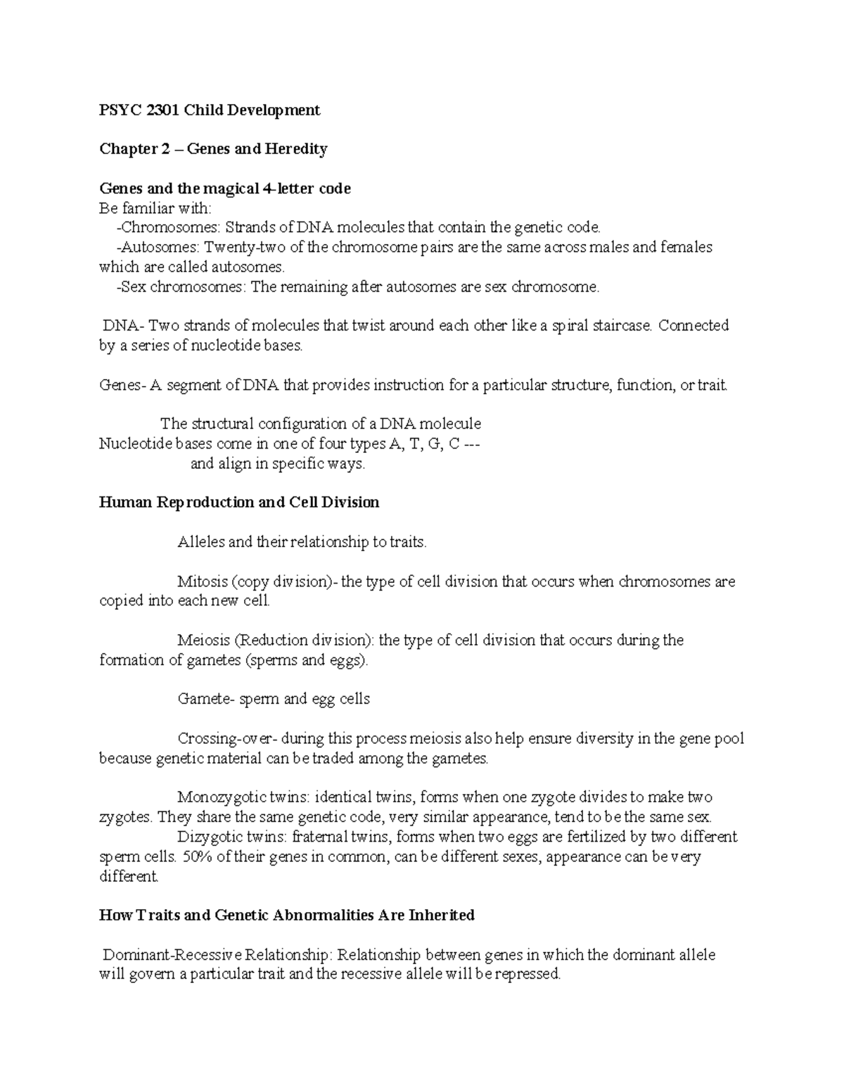 Chapter 2 study sheet - PSYC 2301 Child Development Chapter 2 – Genes ...