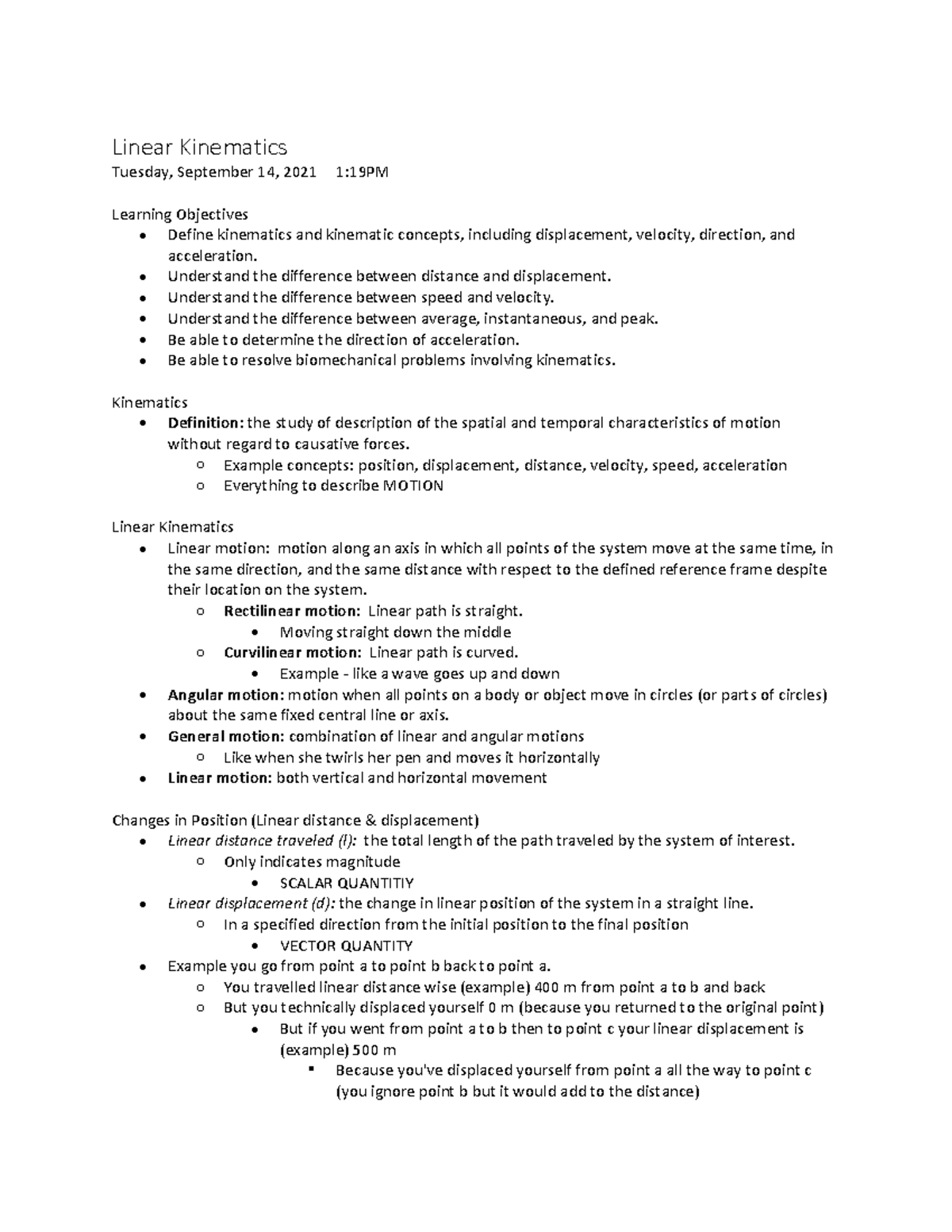 Linear kinematics notes - Linear Kinematics Tuesday, September 14, 2021 ...