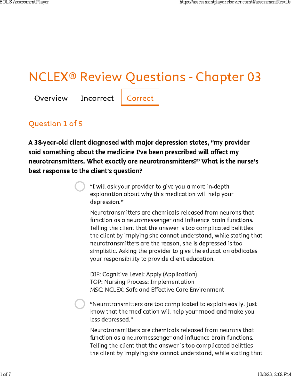 Chap 3 Nclex Evolve MH - practice materials - NCLEX® Review Questions ...
