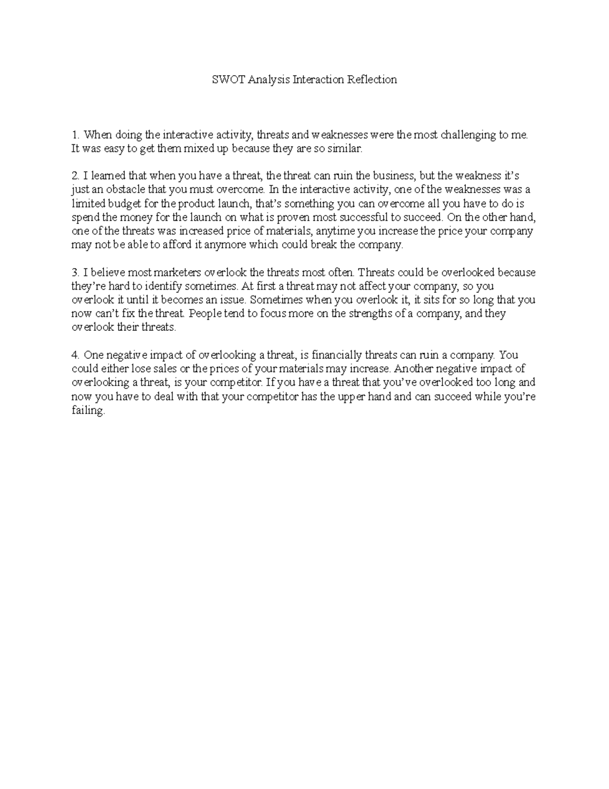 SWOT Analysis Interaction Reflection - It was easy to get them mixed up ...