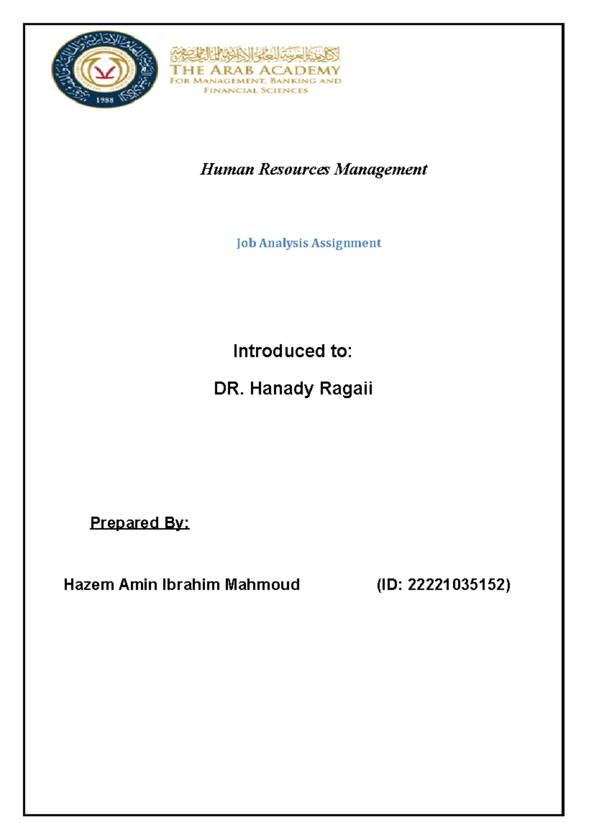 Job Analysis assignment - Human Resources Management Job Analysis ...