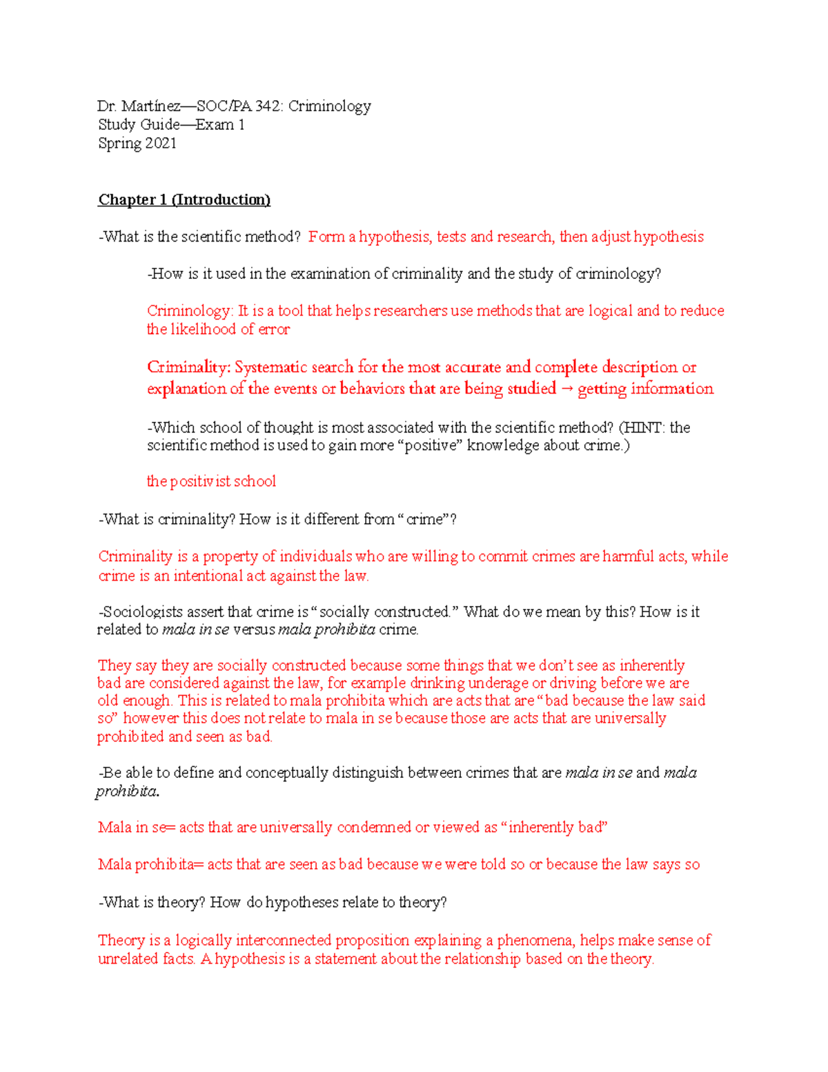Exam 1 Study Guide - Dr. 342: Criminology Study 1 Spring 2021 Chapter 1 ...