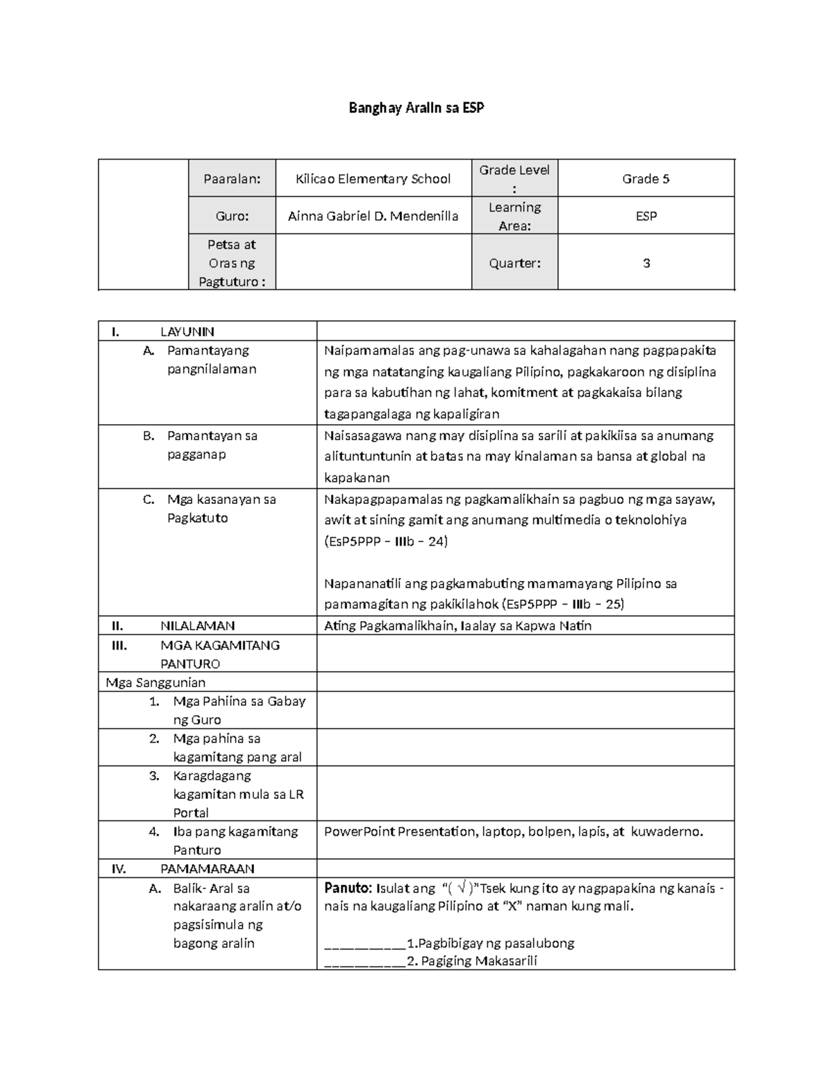 Banghay Aralin sa ESP 2nd week - Banghay Aralin sa ESP Paaralan ...