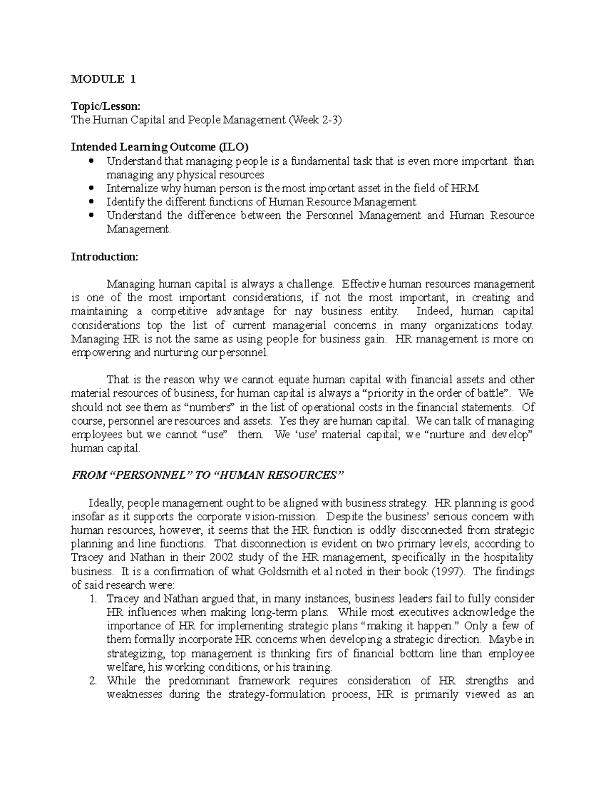 Module 1- MGT 101 - Mgt - MODULE 1 Topic/Lesson: The Human Capital and ...