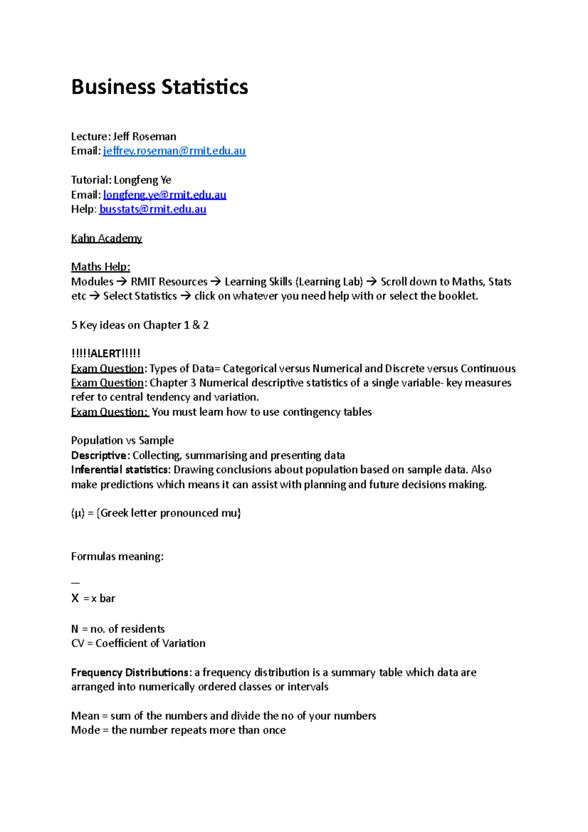 Business Statistics Week 1 - Business Statistics Lecture: Jeff Roseman ...