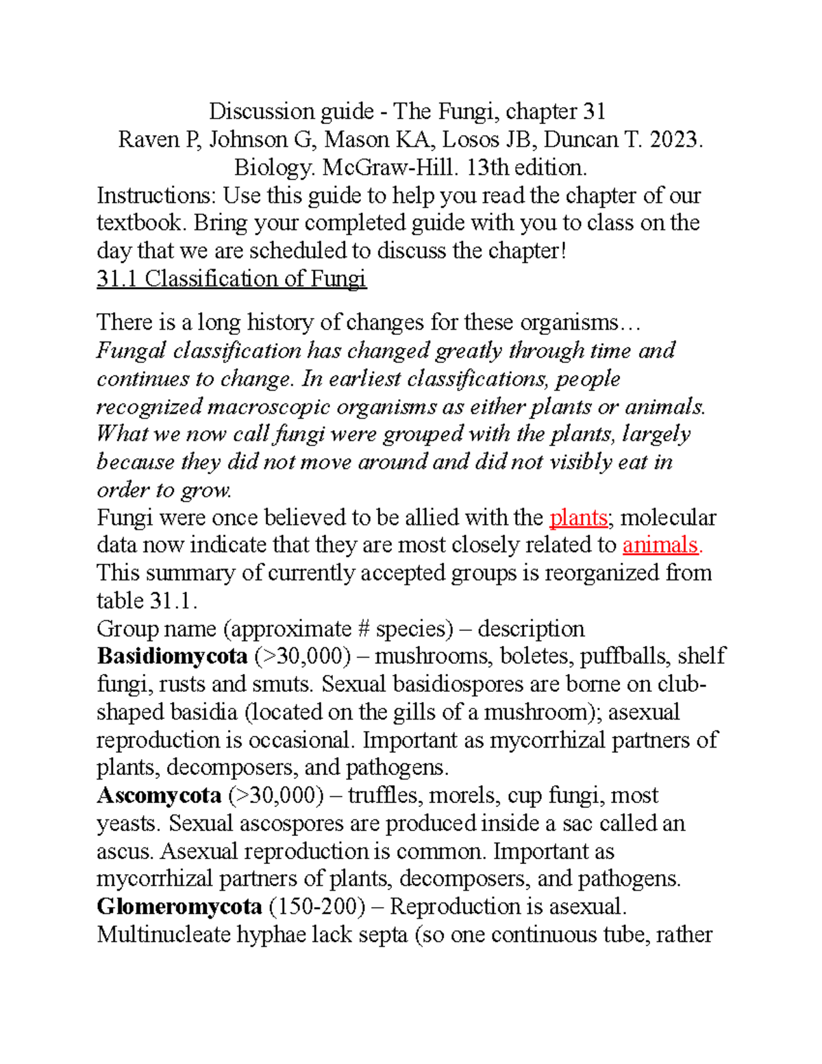 Discuss RJ 13e Ch31 Fungi - Discussion guide - The Fungi, chapter 31 ...