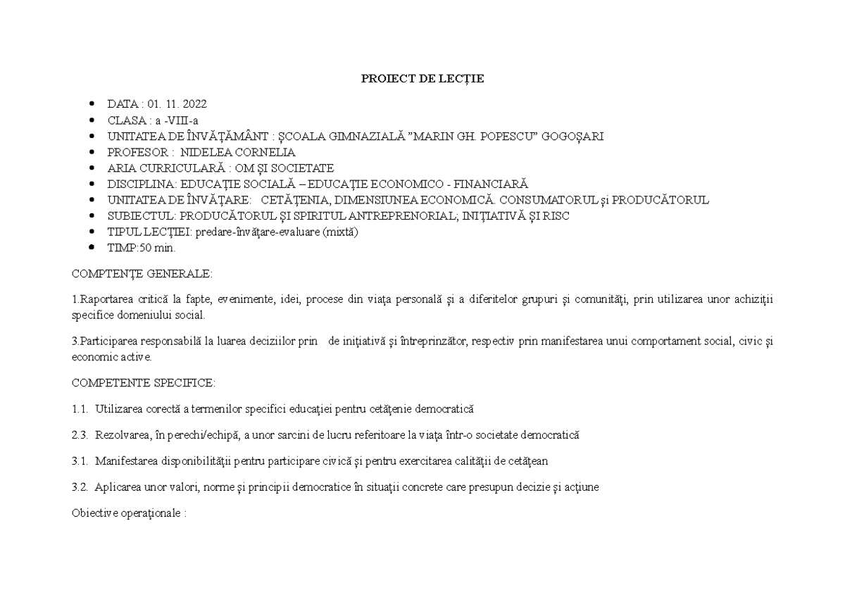 Proiect de lecție cls 8 a gradul 1 din 01.11.2022 - PROIECT DE LECȚIE ...