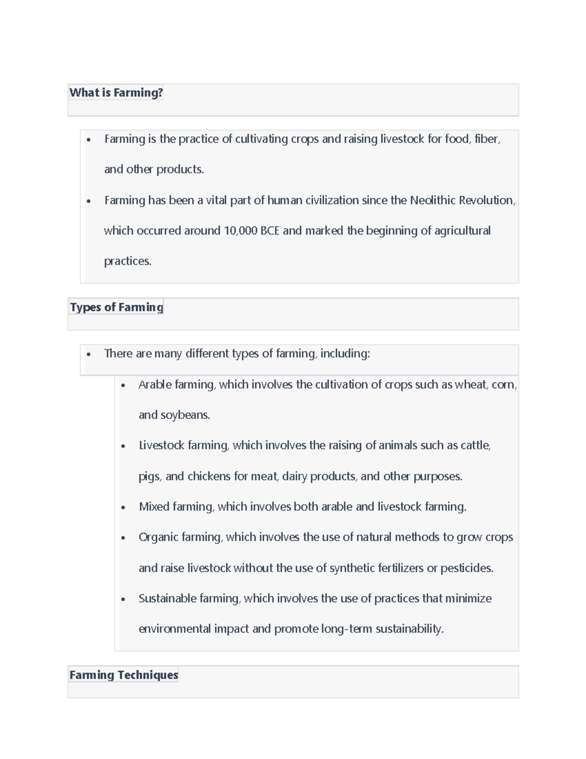 Farming notes 1 - What is Farming? • Farming is the practice of ...