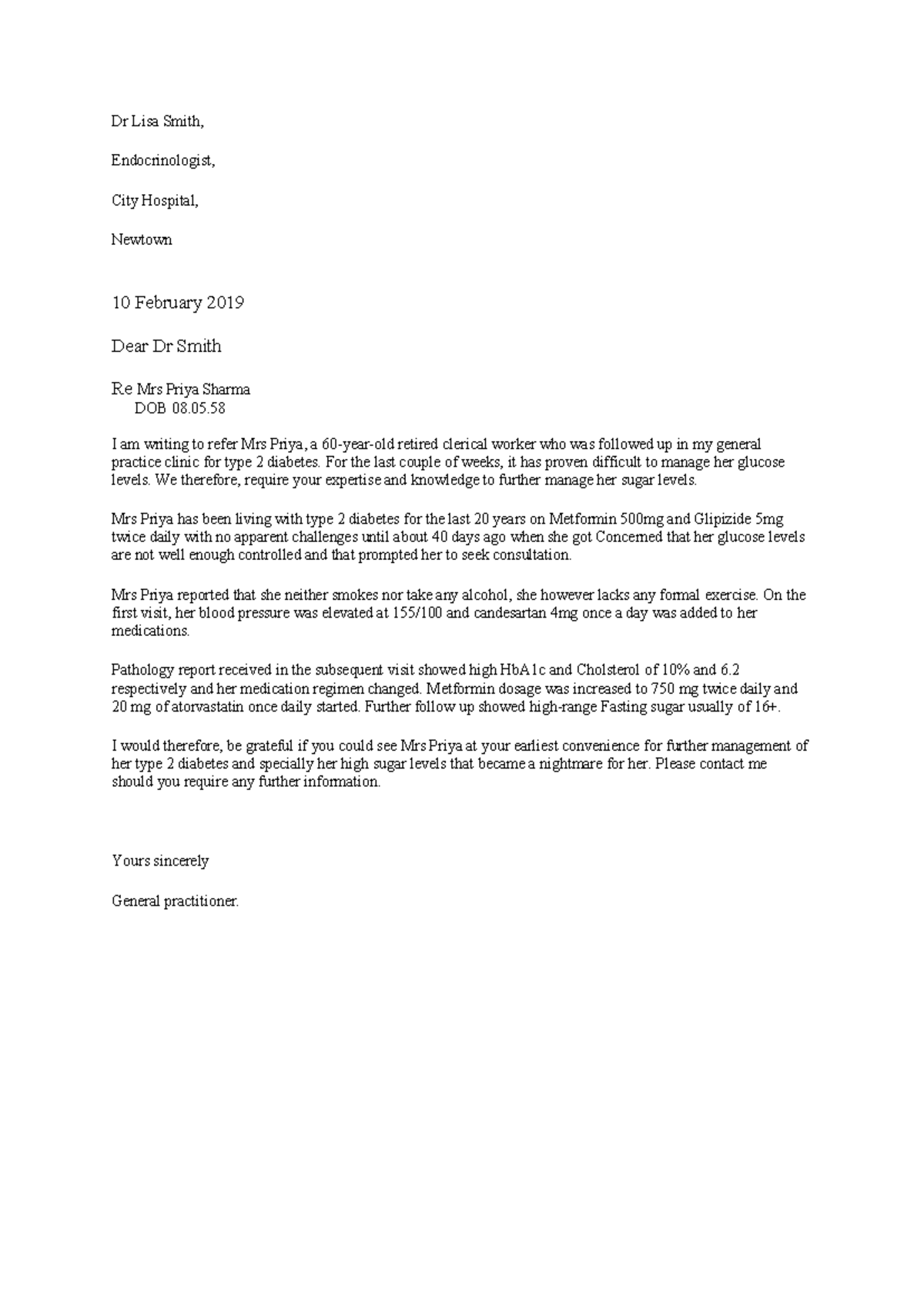 Letter sample 1 oet - oet preparation - Dr Lisa Smith, Endocrinologist ...