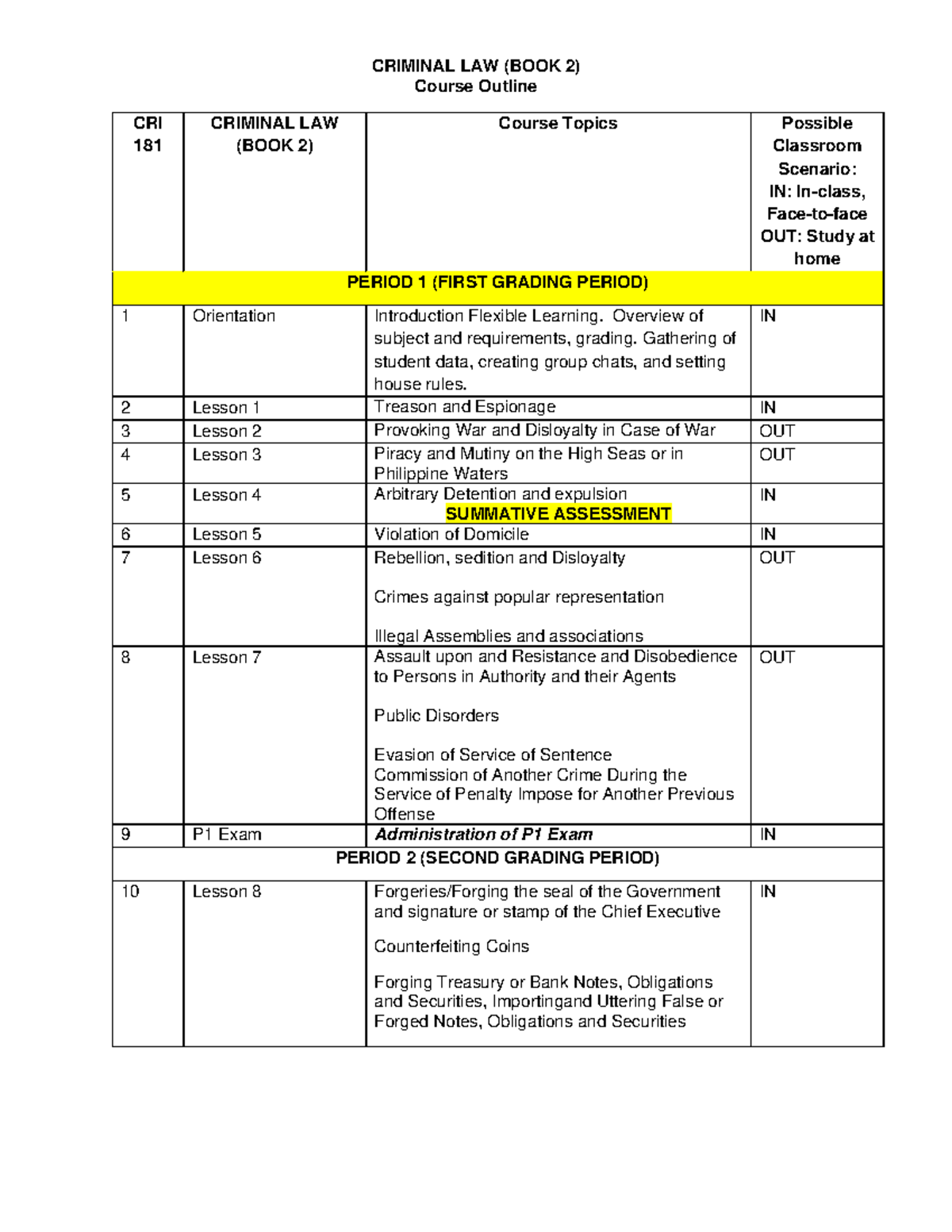 CRI 181 - Criminal LAW BOOK 2 - CRIMINAL LAW (BOOK 2) Course Outline ...