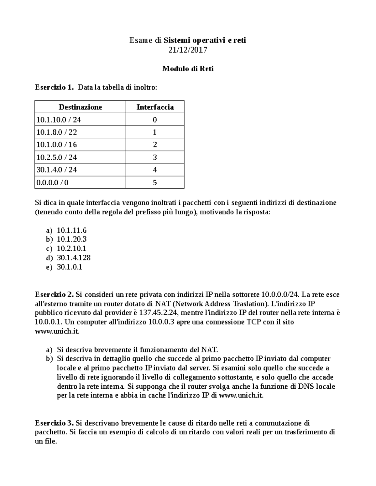 2017 12 21 - Esame di Sistemi operativi e reti 21/12/2017 Modulo di ...