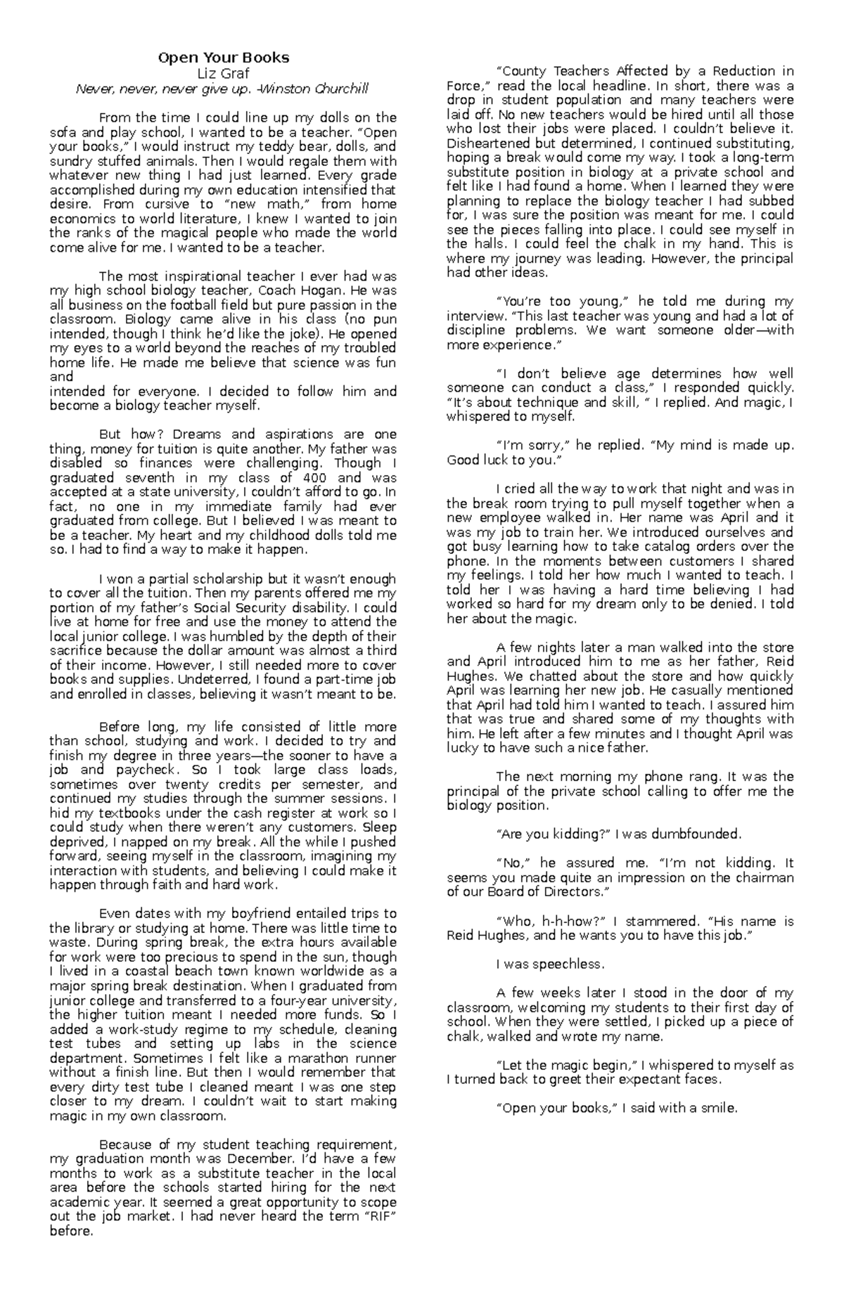 CNF A-Open Your Books - Exercise - Open Your Books Liz Graf Never, never, never give up ...