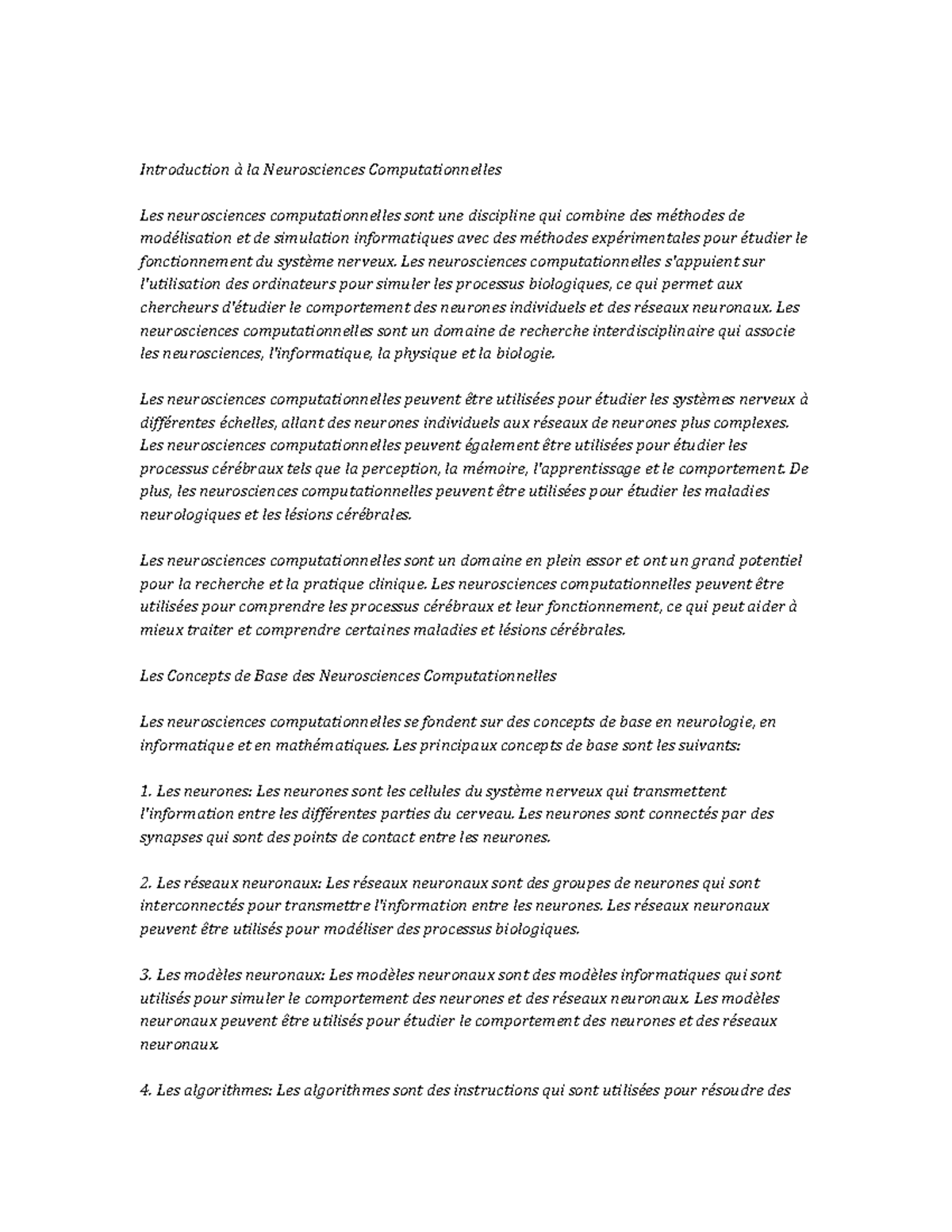 Computational Neuroscience note study - Introduction à la Neurosciences ...