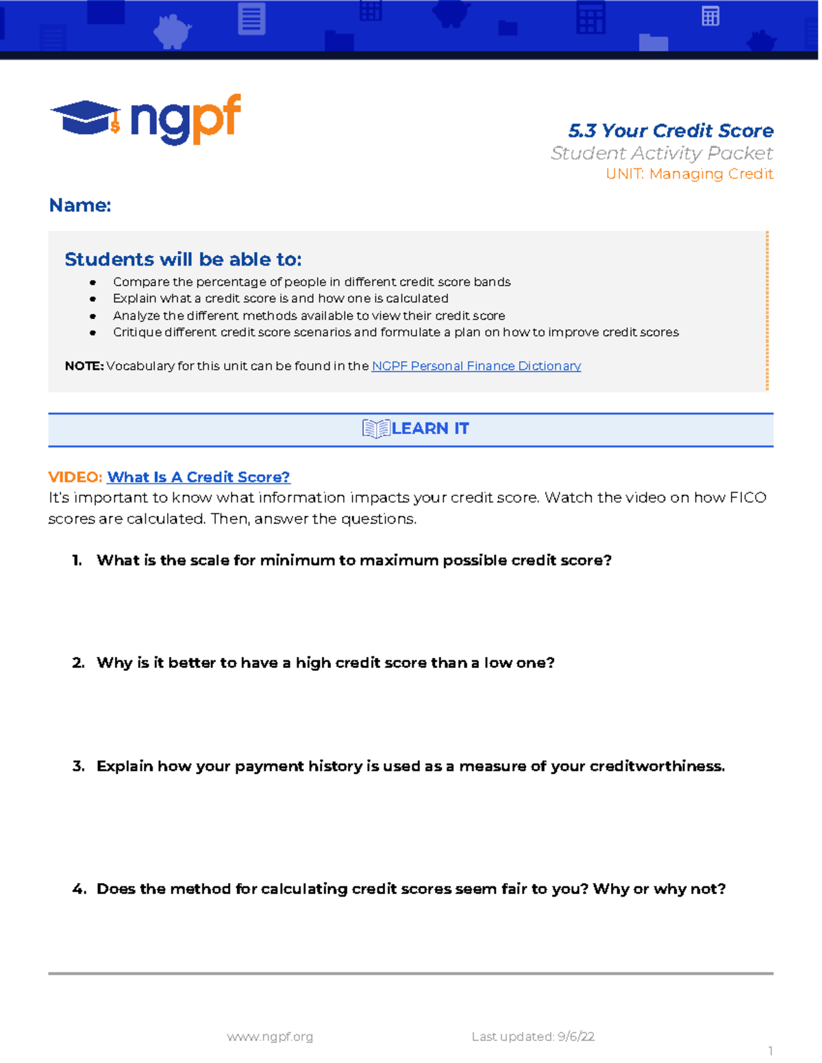 4 - sssdyduyd - ngpf Last updated: 9/6/ 1 5 Your Credit Score Student ...