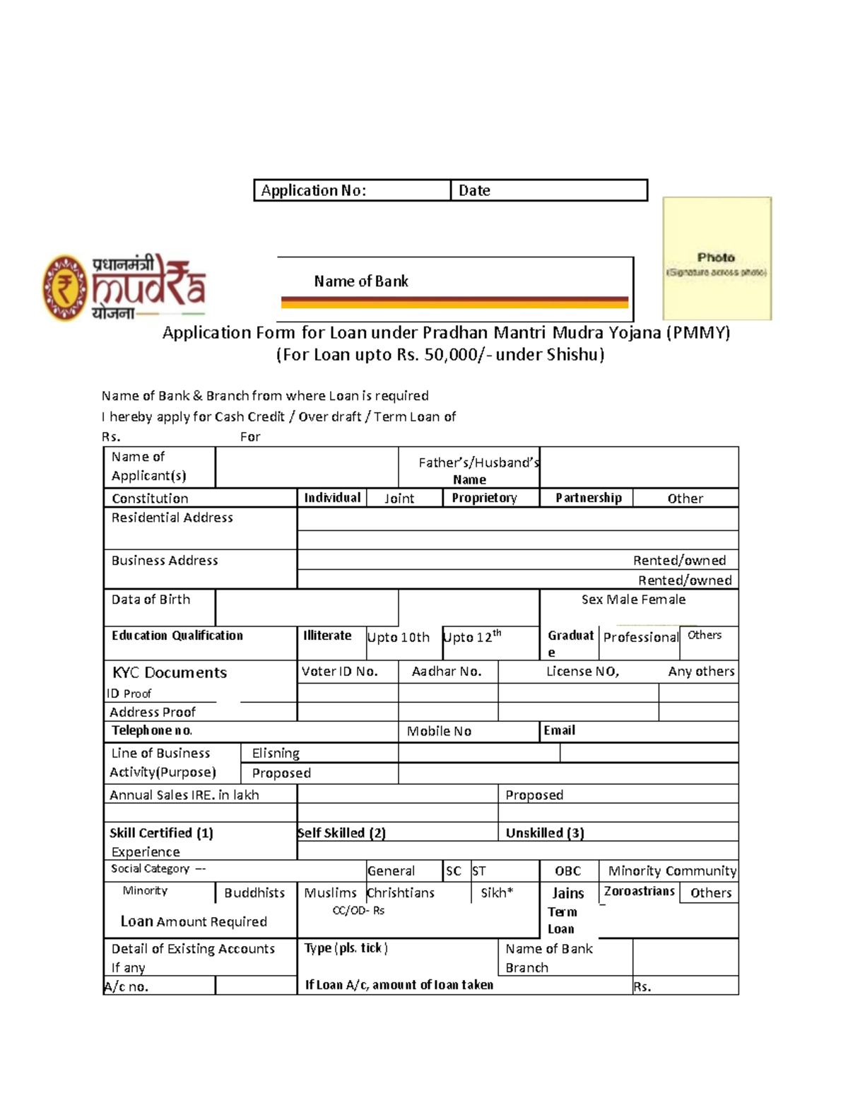 Application Form for Shishu - Application No: Date Name of Bank ...