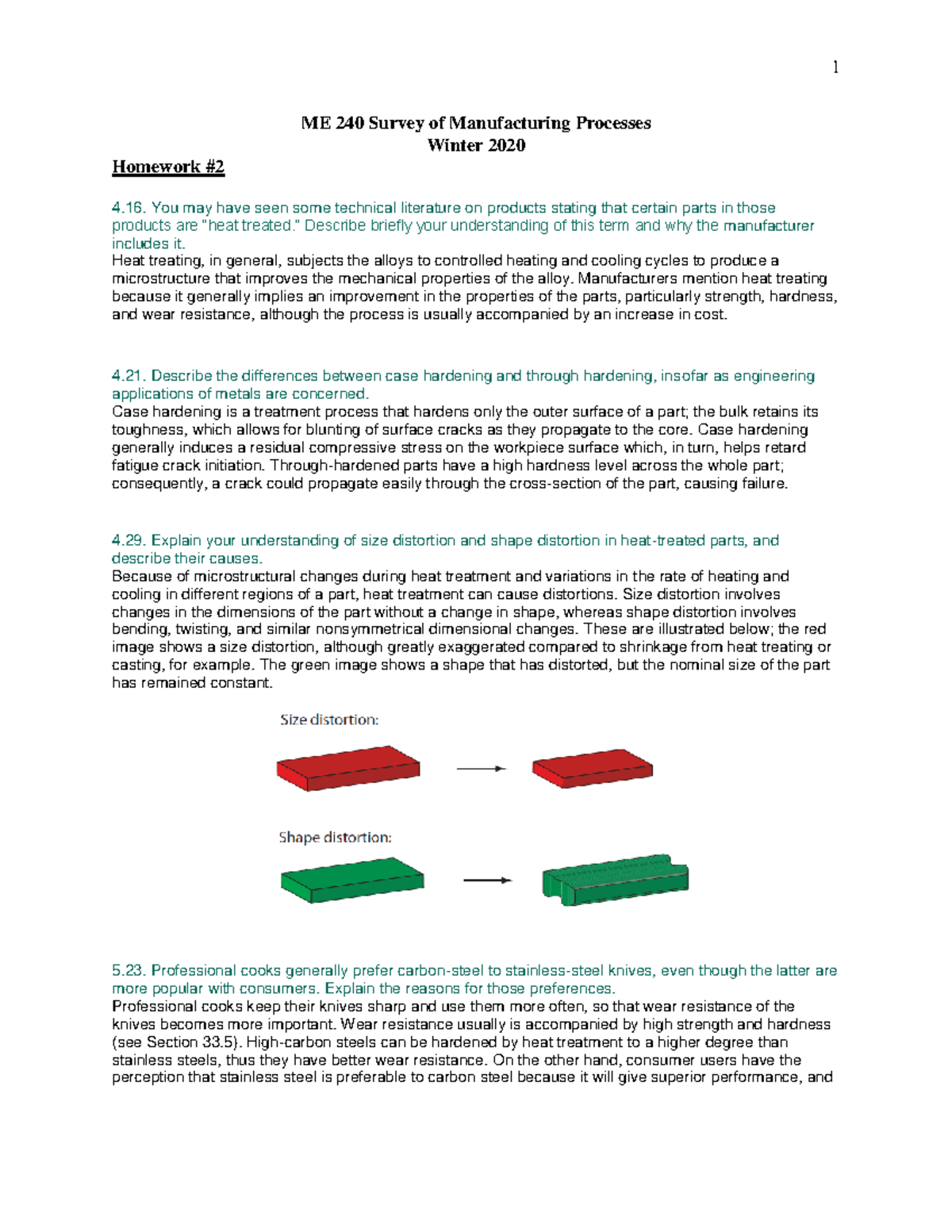 ME240 hw2 soln W20 - 1 ME 240 Survey of Manufacturing Processes Winter ...