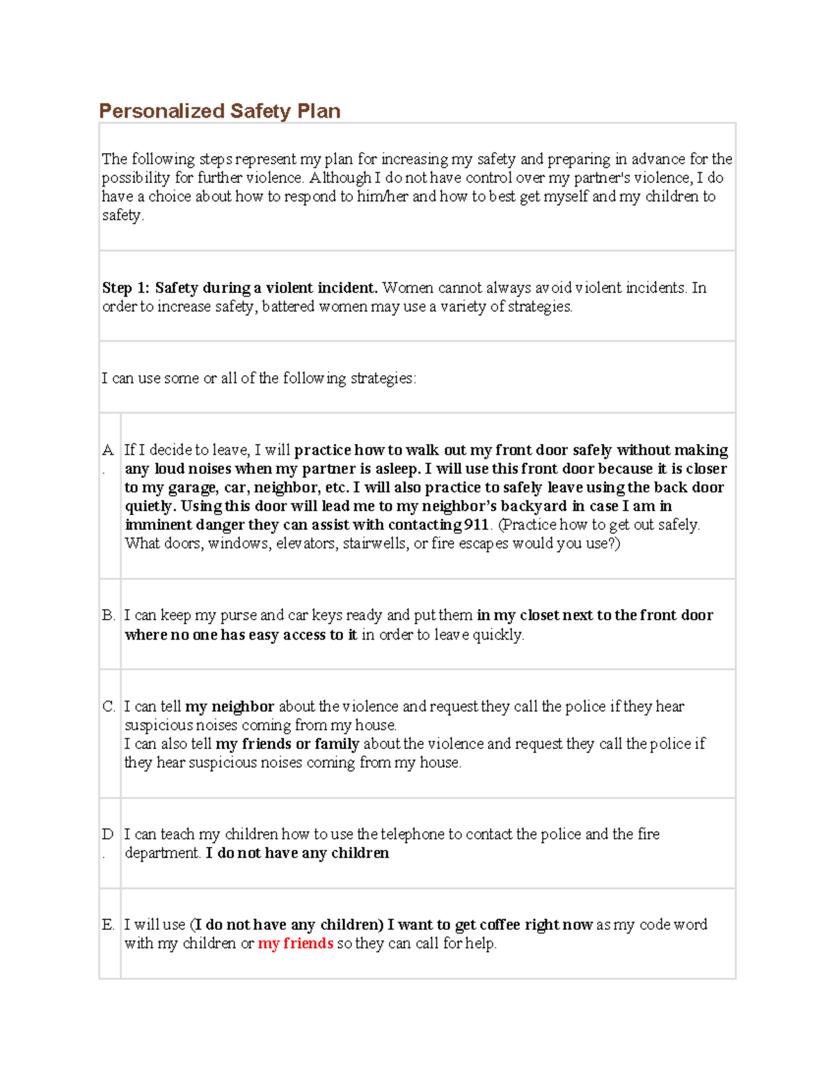 Personalized Safety Plan - Although I do not have control over my ...