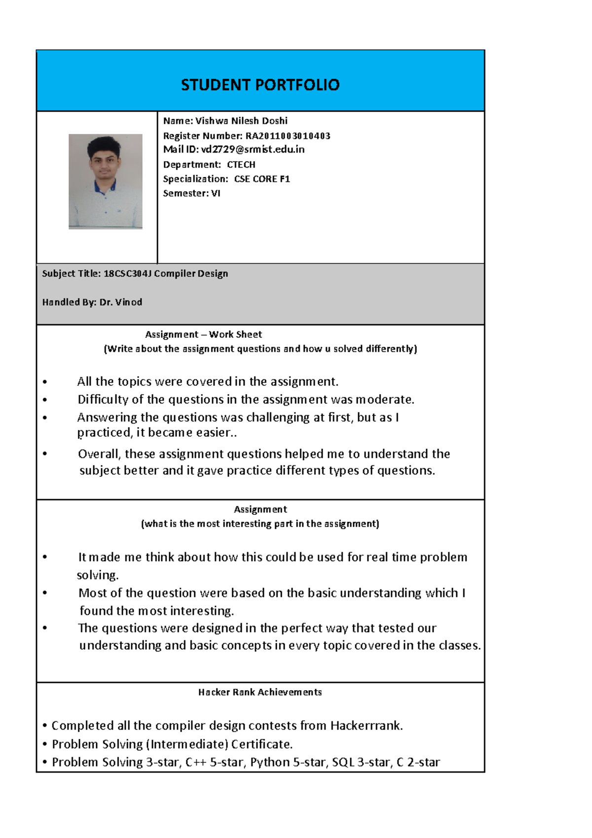 RA2011 003010403 Portfolio CD - STUDENT PORTFOLIO Department: CTECH ...