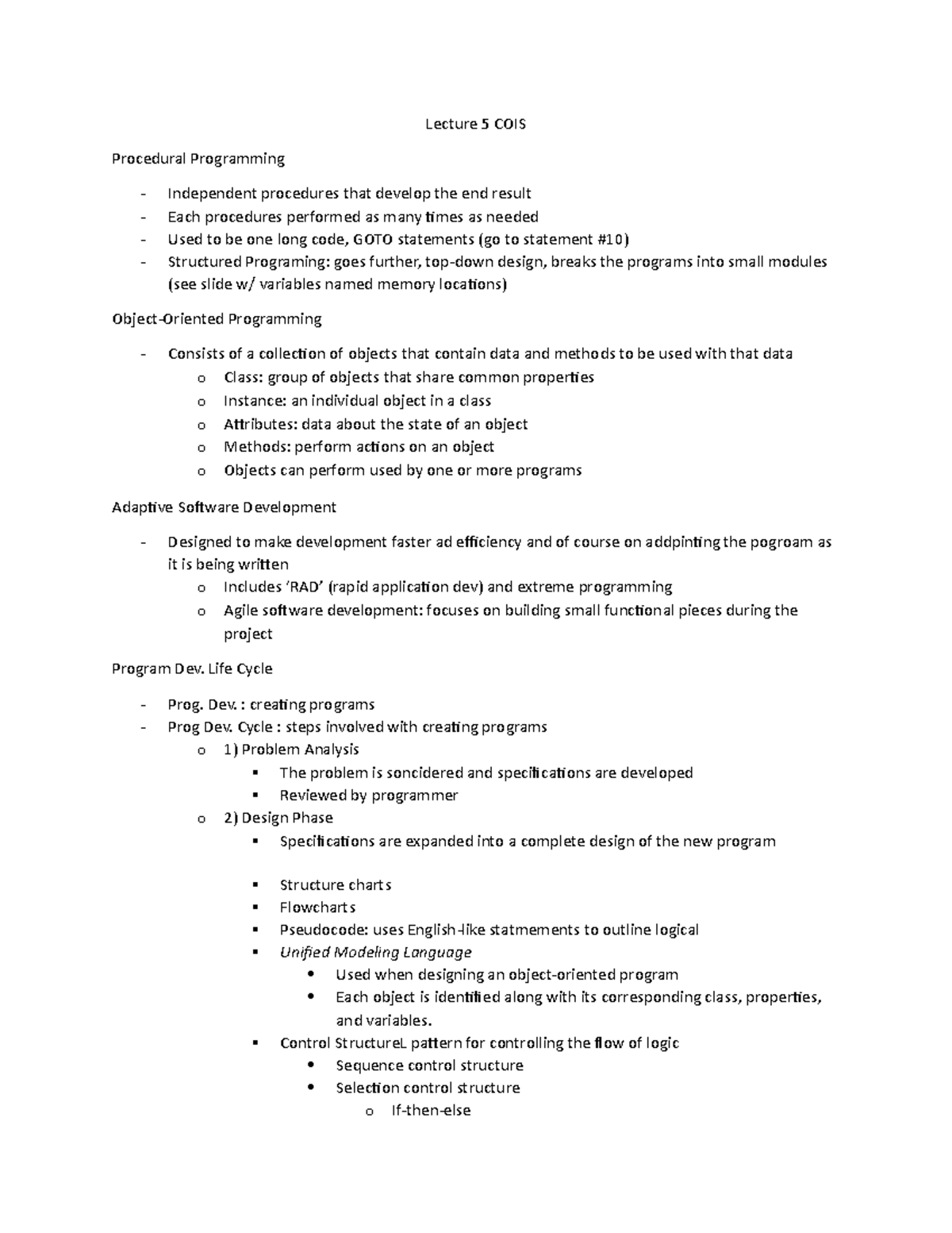 Lecture 5 Notes Lecture 5 Cois Procedural Programming Independent Procedures That Develop