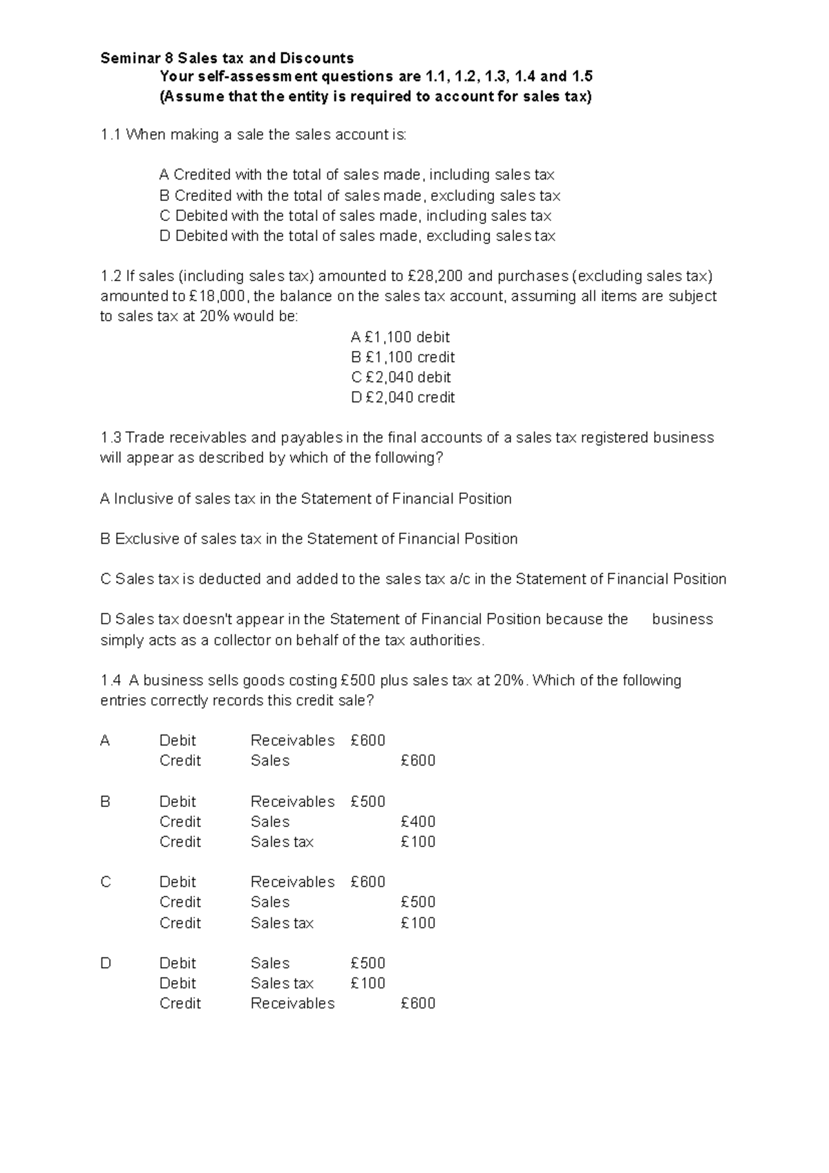 Seminar 8 Sales Tax and Discounts - Your self-assessment questions are ...