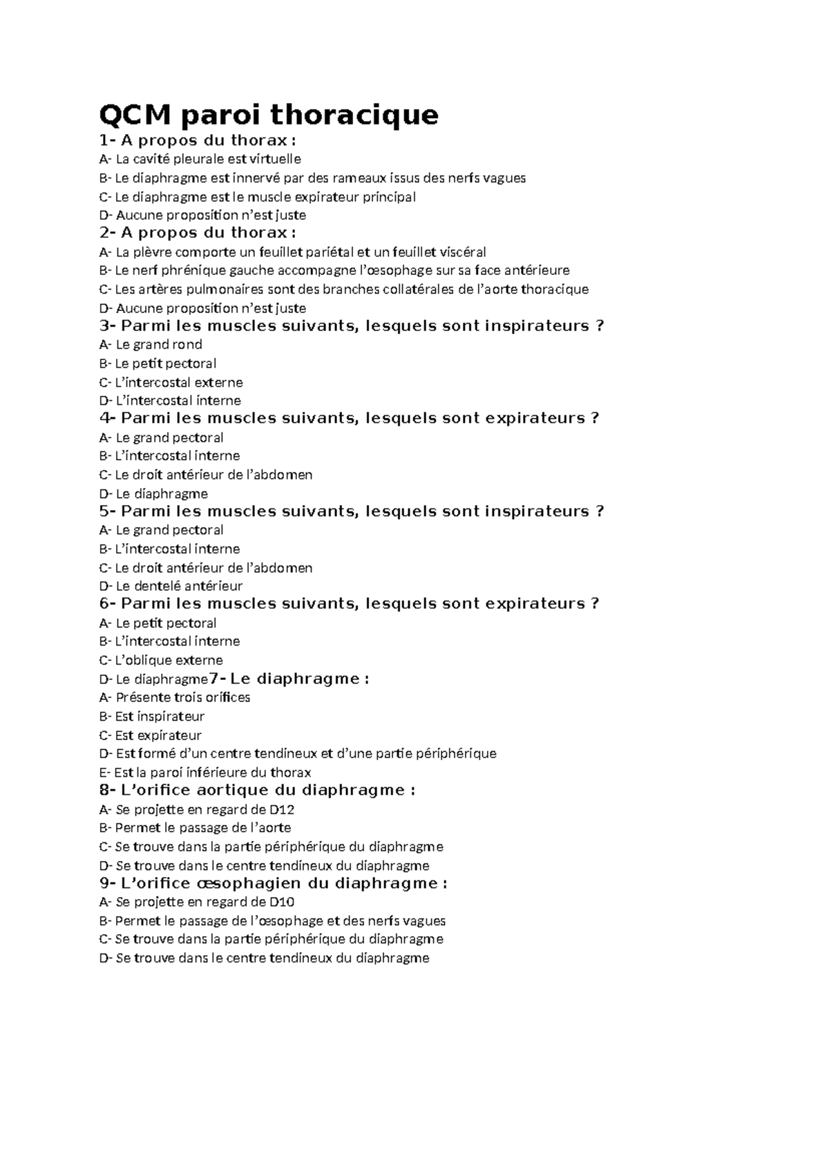 question à choix multiple en anatomie - QCM paroi thoracique 1- A ...