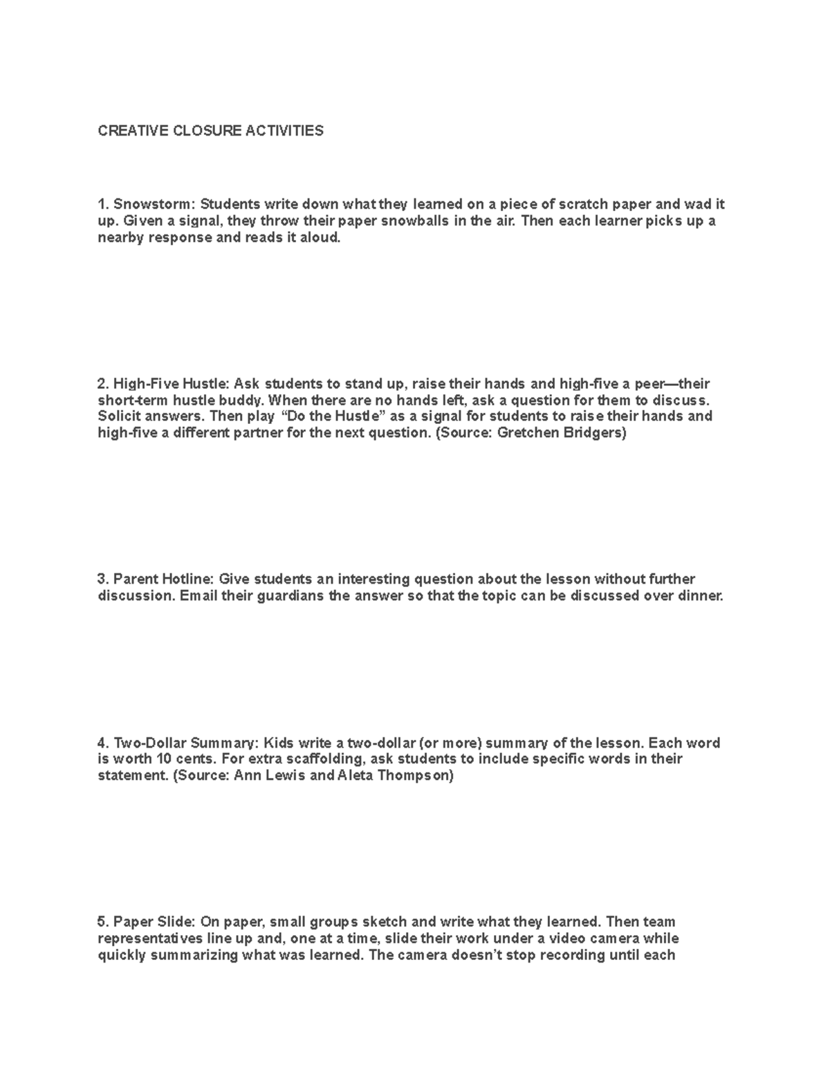 Creative Closure Activities - CREATIVE CLOSURE ACTIVITIES Snowstorm ...