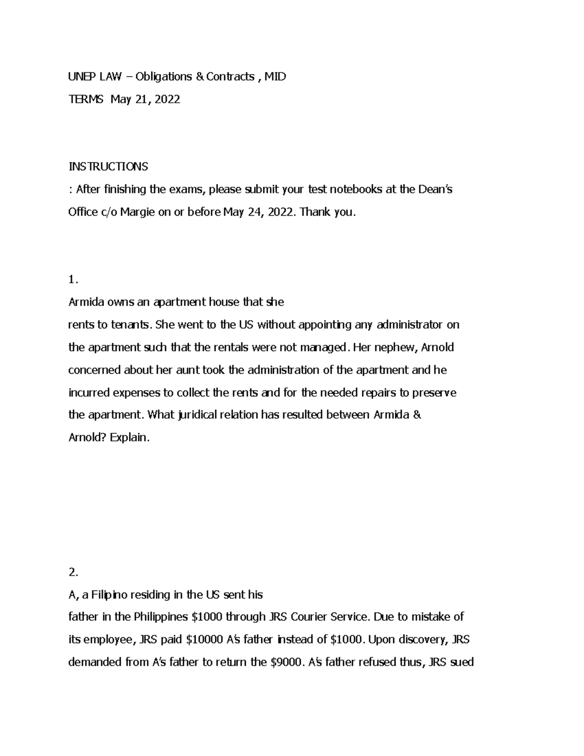 Oblicon exam - Sample Test - UNEP LAW – Obligations & Contracts , MID ...
