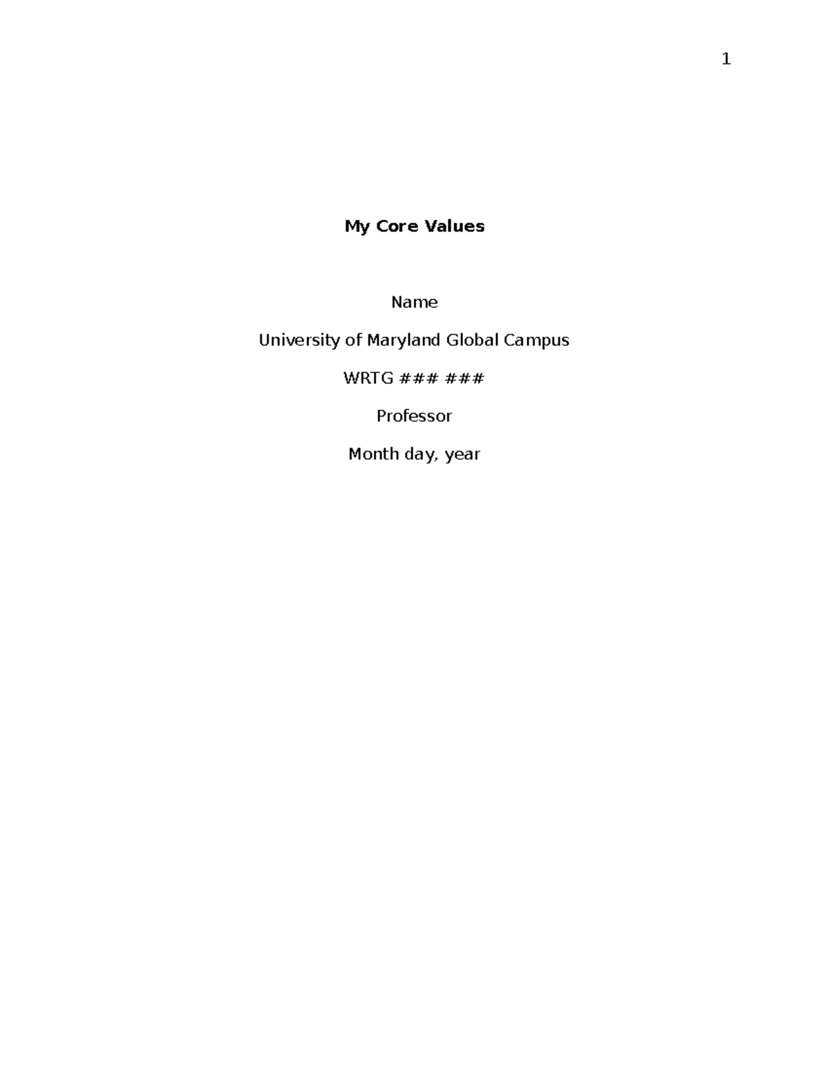 Core Values - 1 My Core Values Name University of Maryland Global ...