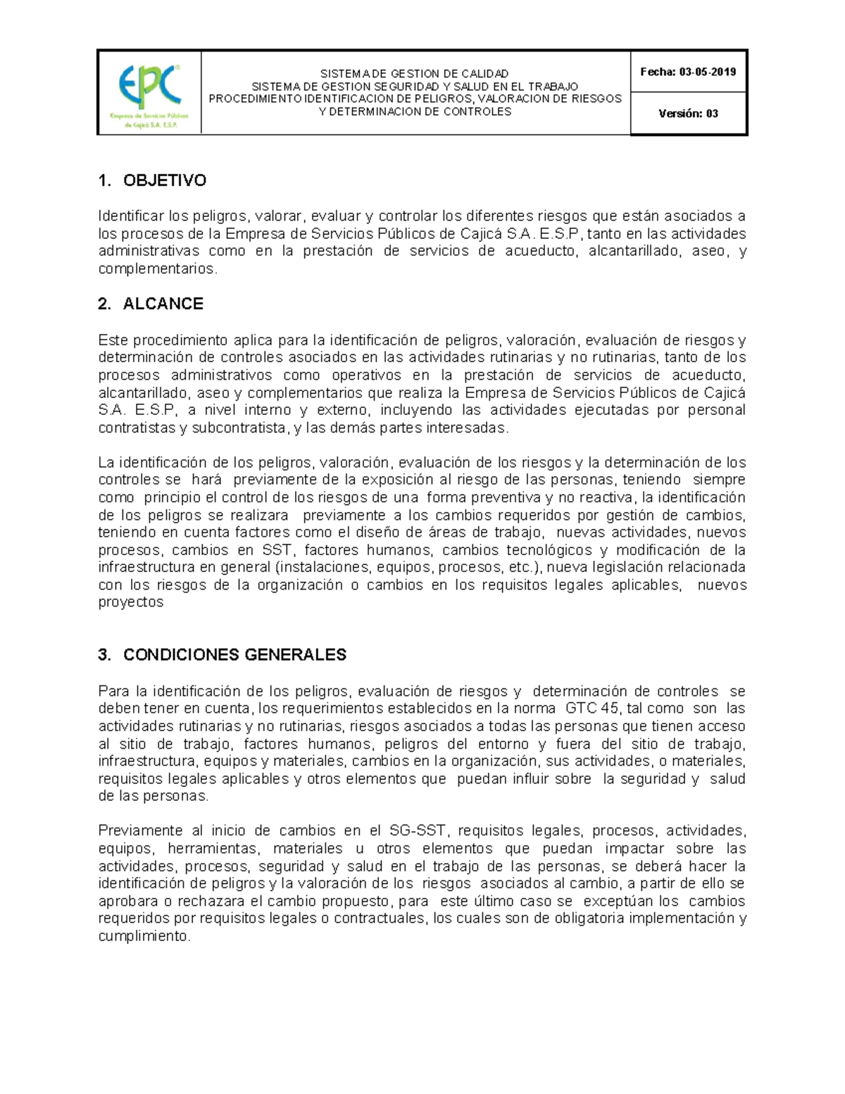 1. Procedimiento Matriz IPER - SISTEMA DE GESTION DE CALIDAD SISTEMA DE GESTION SEGURIDAD Y ...