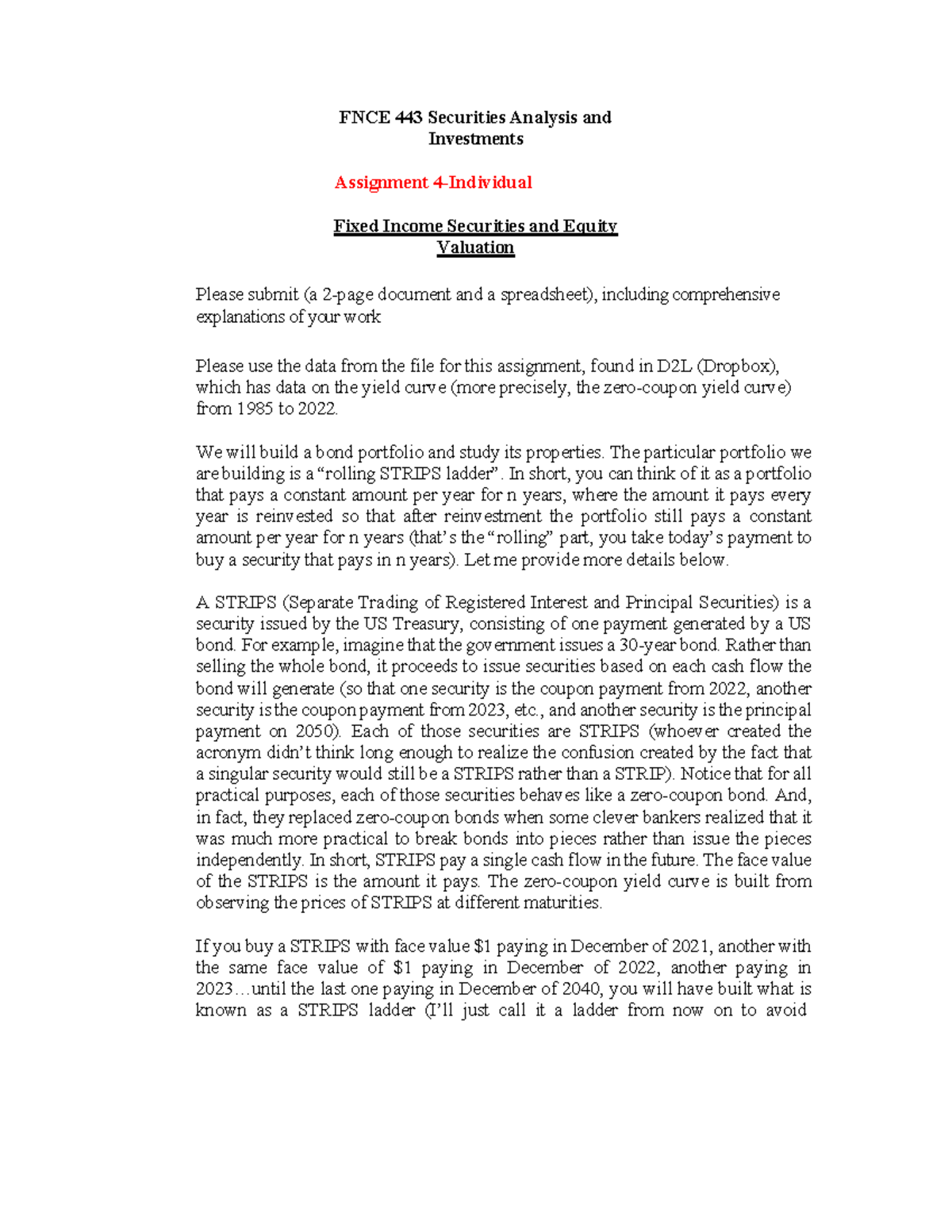 FNCE 443 2023-Assignment 4-Individual - FNCE 443 Securities Analysis and Investments Assignment ...