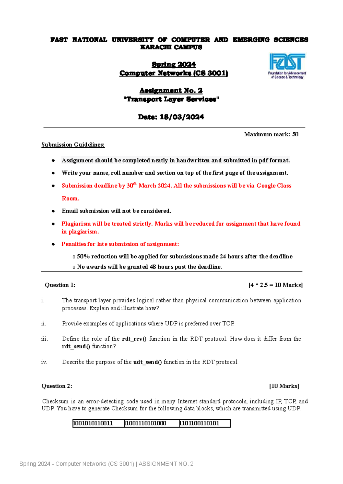 Computer networks assignment 2 - FAST NATIONAL UNIVERSITY OF COMPUTER ...