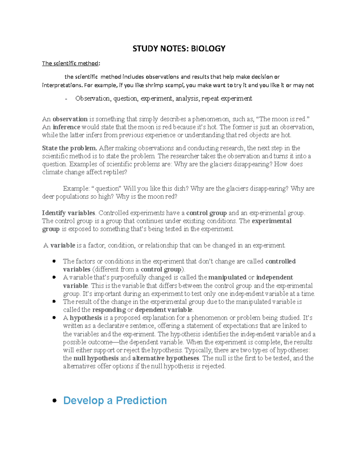 Study Notes - STUDY NOTES: BIOLOGY The scientific method: the ...