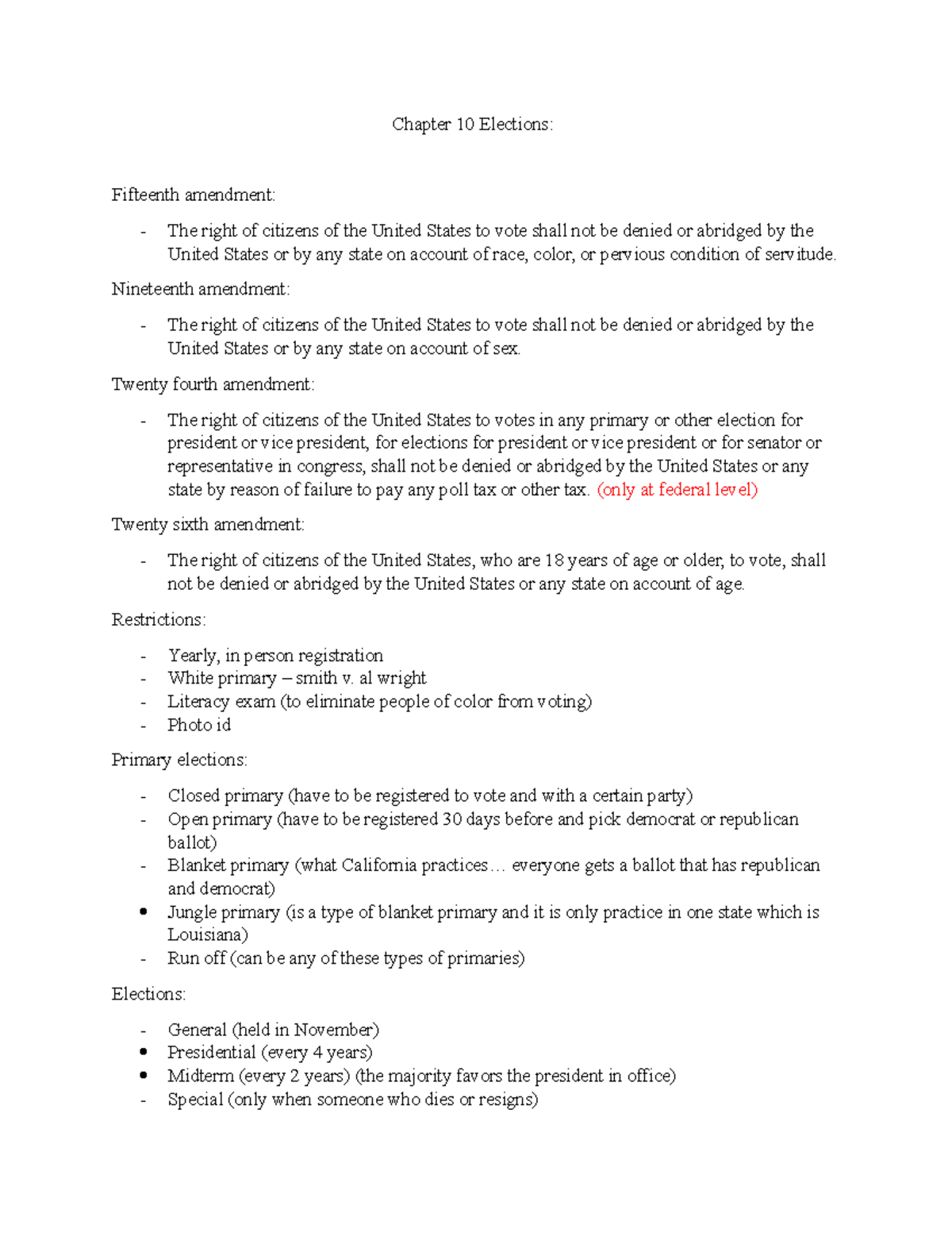 Chapter 10 notes - prof denman - Chapter 10 Elections: Fifteenth ...
